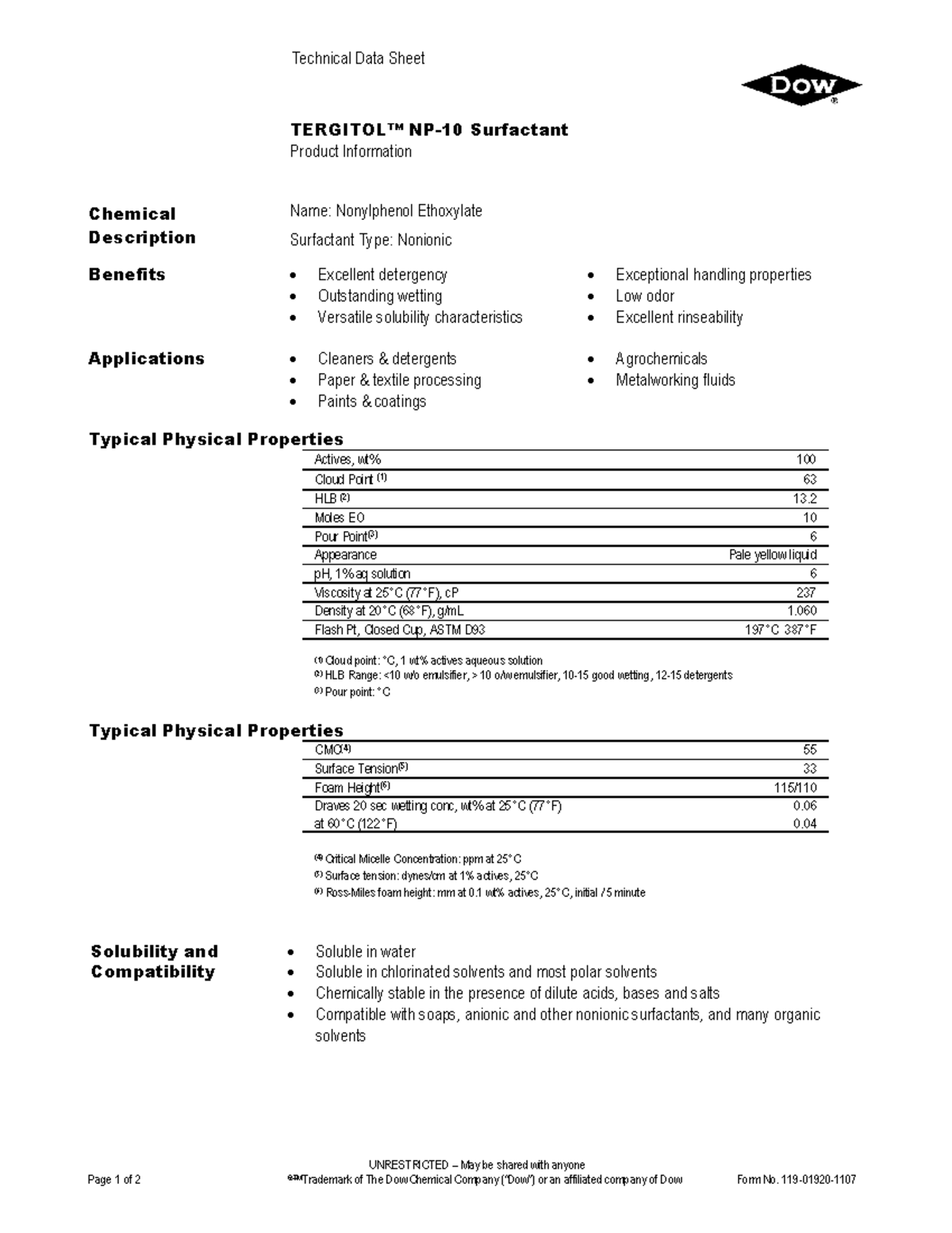 tergitol np 10 surfactant technical data sheet - Technical Data Sheet ...