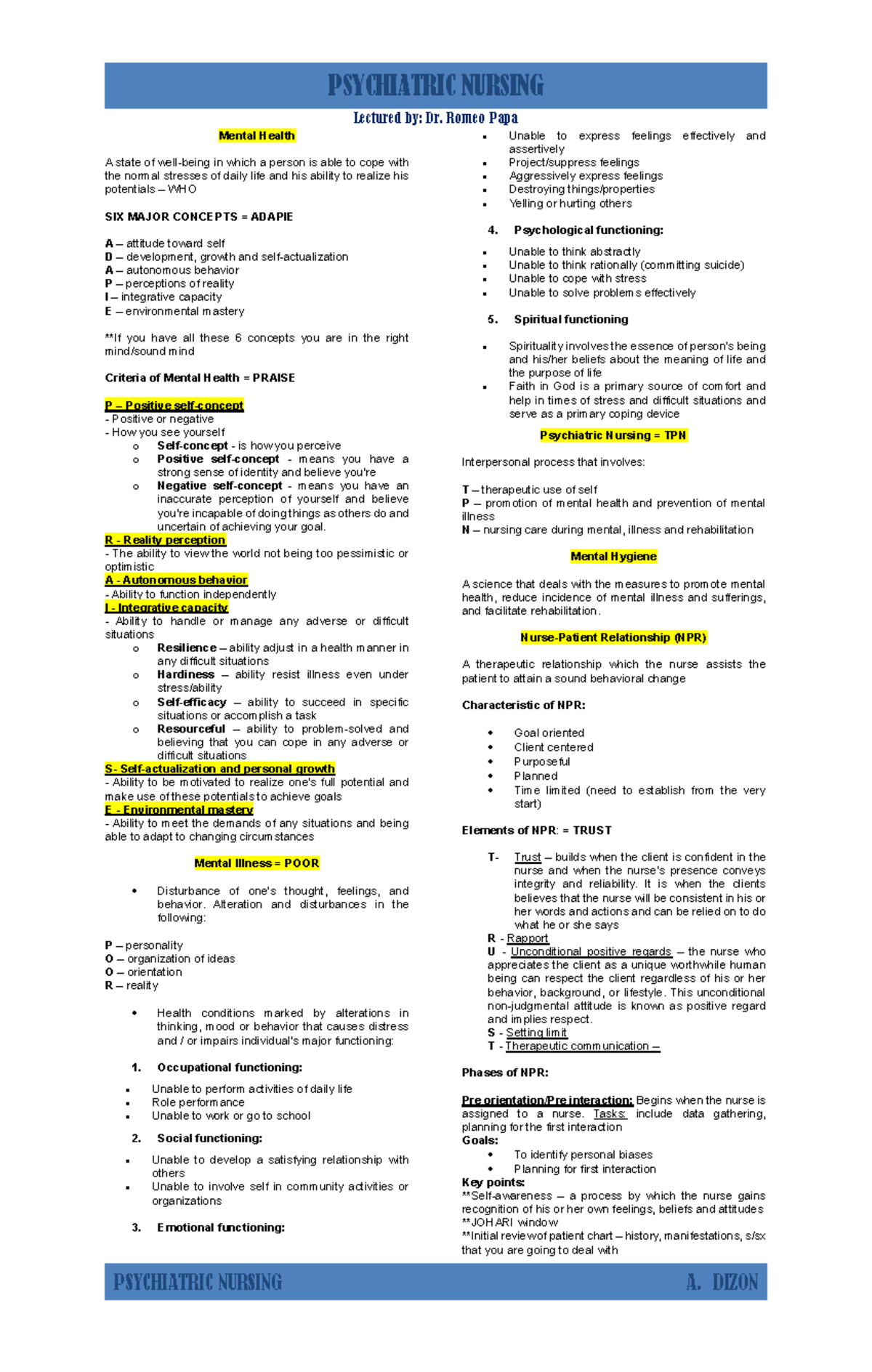 Final- Psych- Lecture - Nursing notes notes notes notes - Mental Health ...