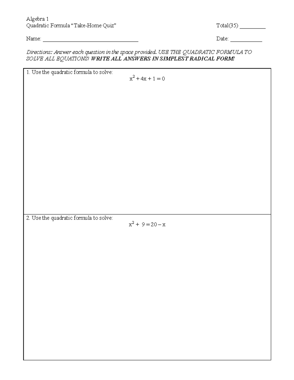 Alg 1 Quad Form Take Home-Document of domain and range quadratics 2021 ...