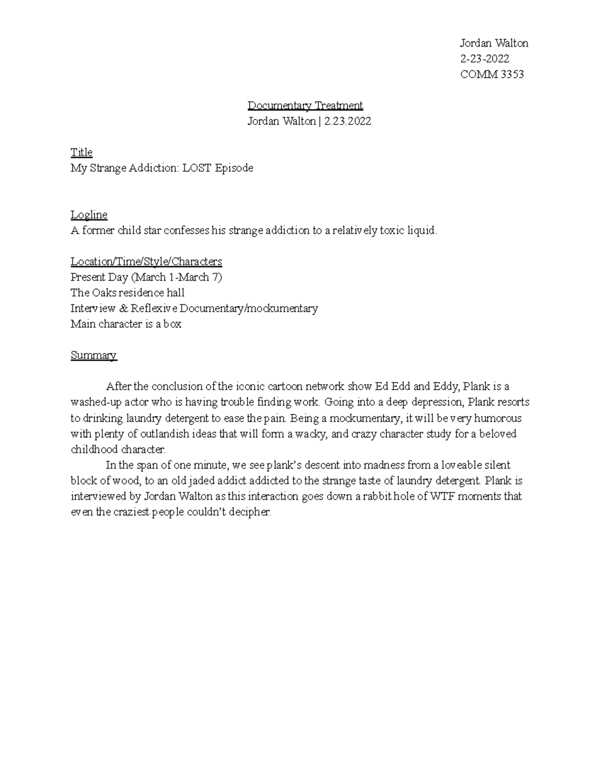 Documentary treatment - Jordan Walton 2-23- COMM 3353 Documentary ...