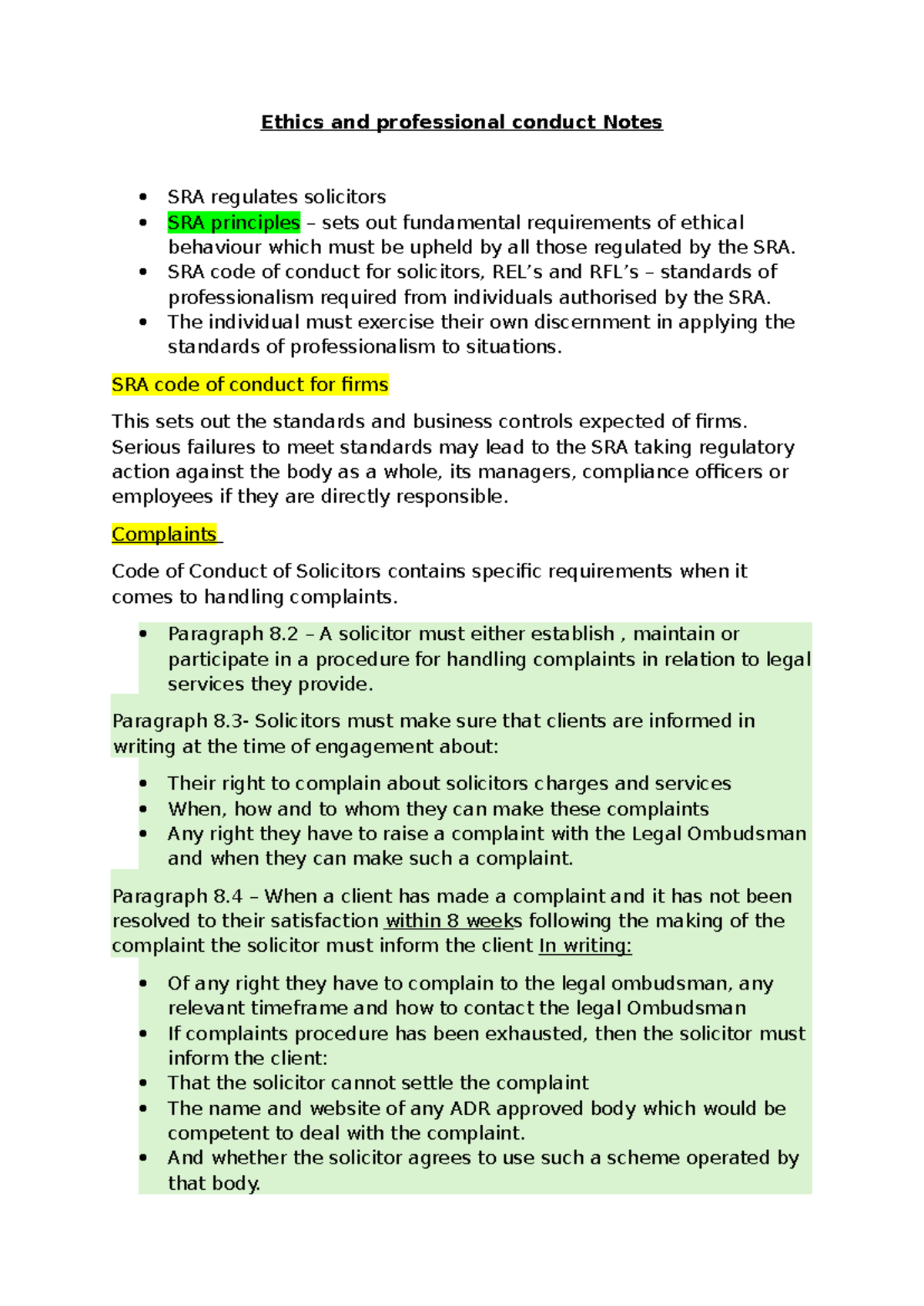 Ethics and professional conduct Notes - SRA code of conduct for ...