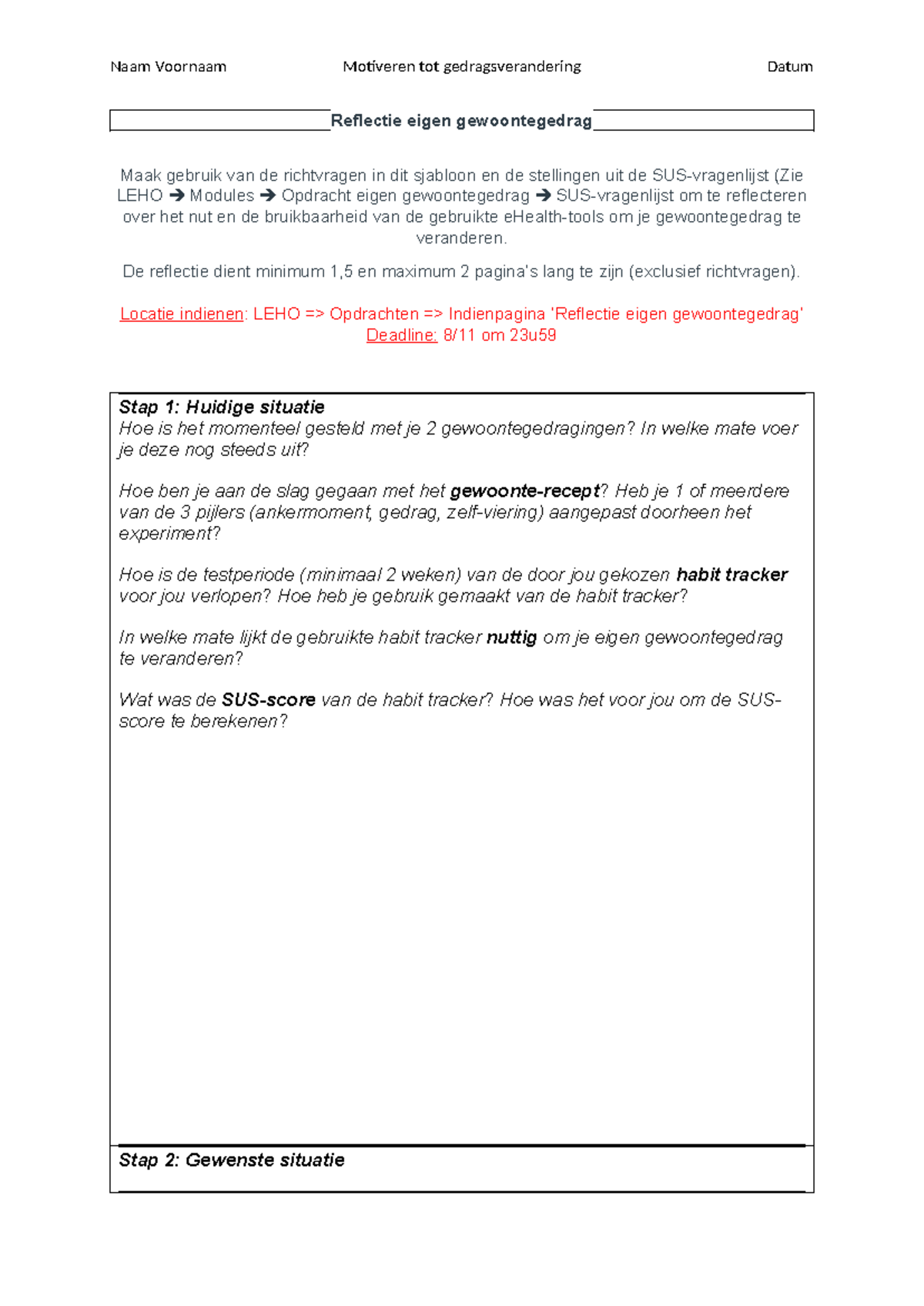 Sjabloon reflectie eigen gewoontegedrag - Naam Voornaam Motiveren tot ...