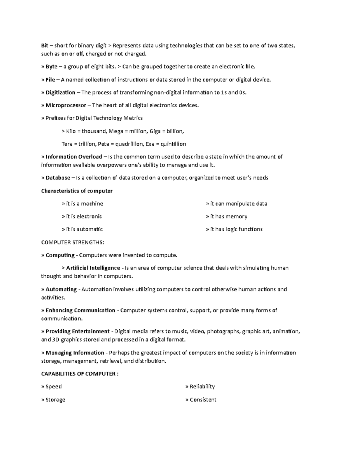 Reviewer - Bit – short for binary digit Represents data using ...