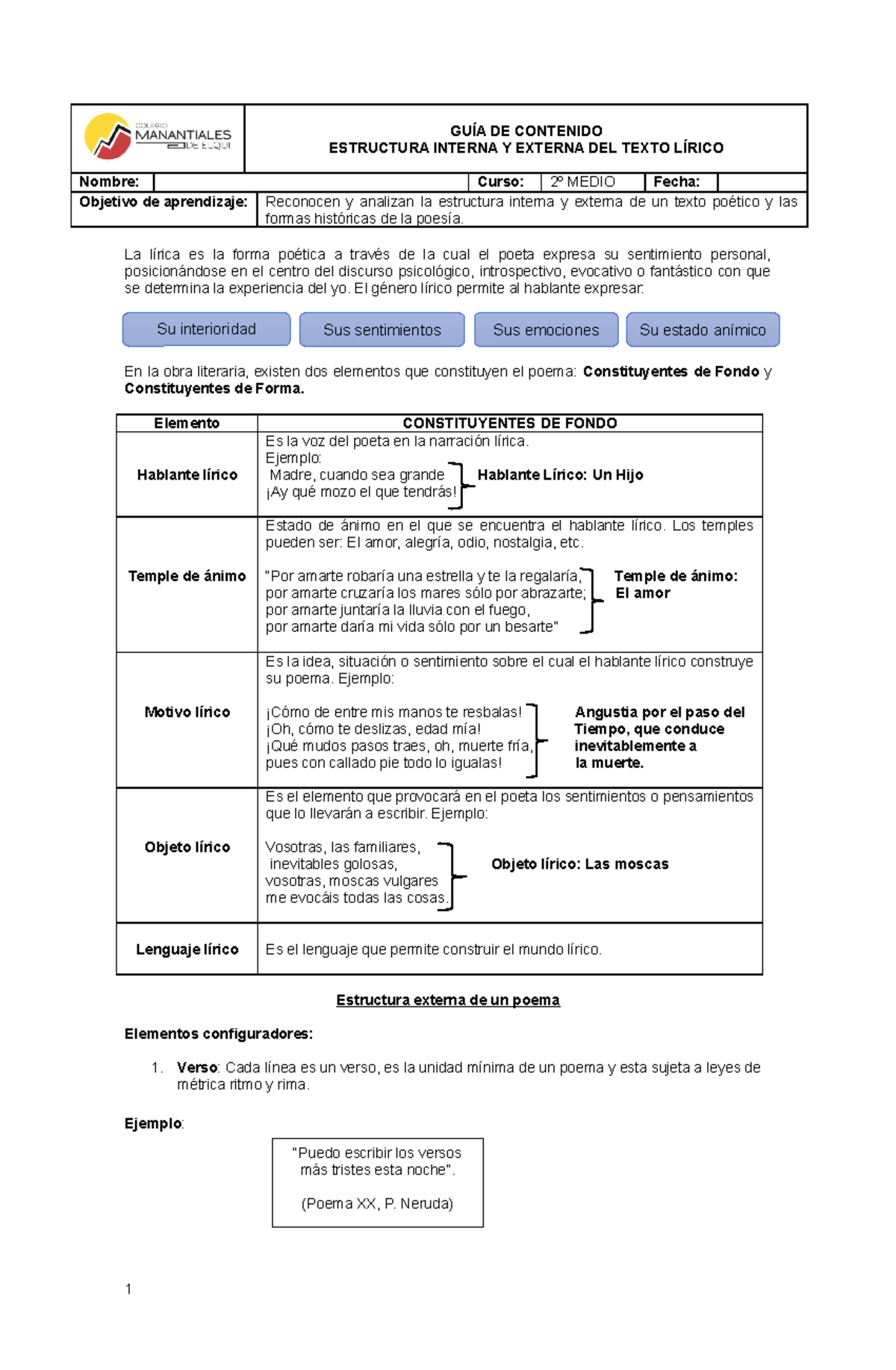 Estructura Externa Poema - GUÍA DE CONTENIDO ESTRUCTURA INTERNA Y ...