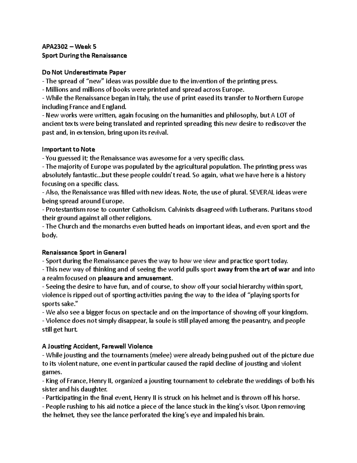 Lecture 5 - APA2302 – Week 5 Sport During the Renaissance Do Not ...