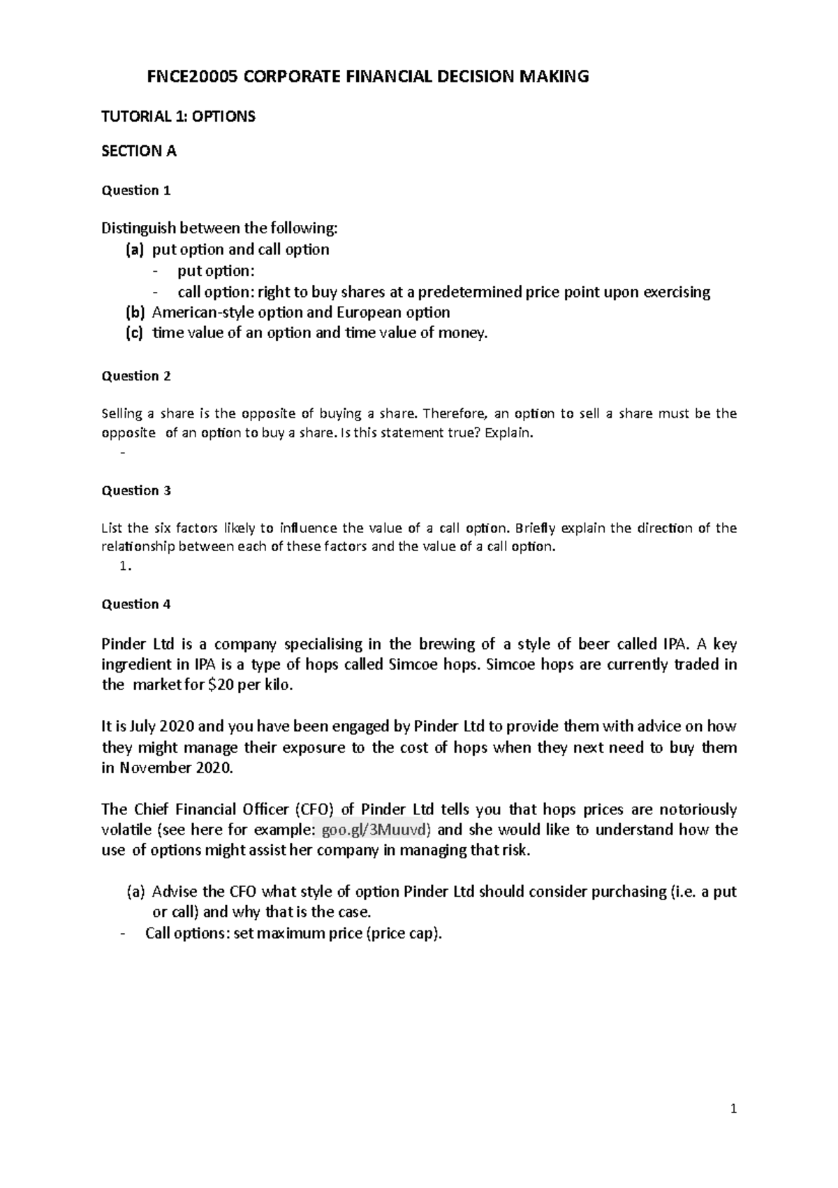 1. Tutorial Answers - Topic 1 - 1 FNCE20005 CORPORATE FINANCIAL ...