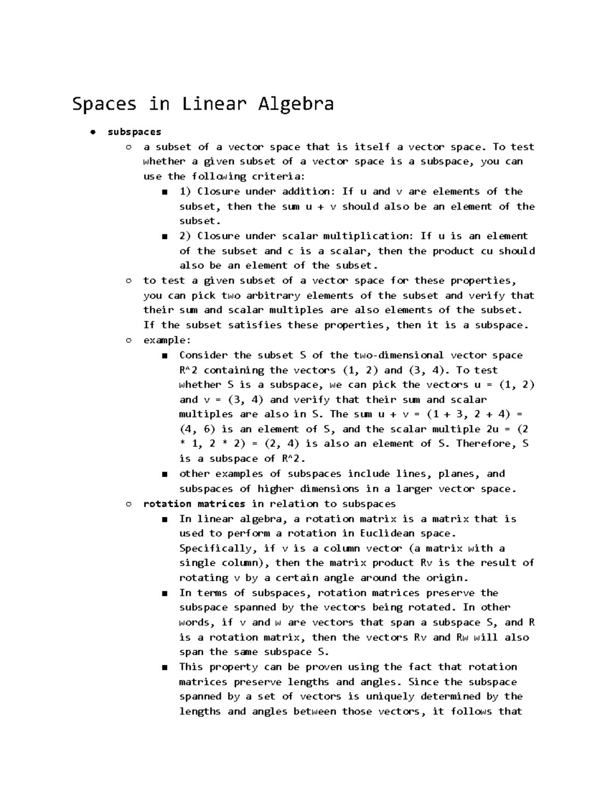 Spaces In Linear Algebra To Test Whether A Given Subset Of A Vector Space Is A Subspace You