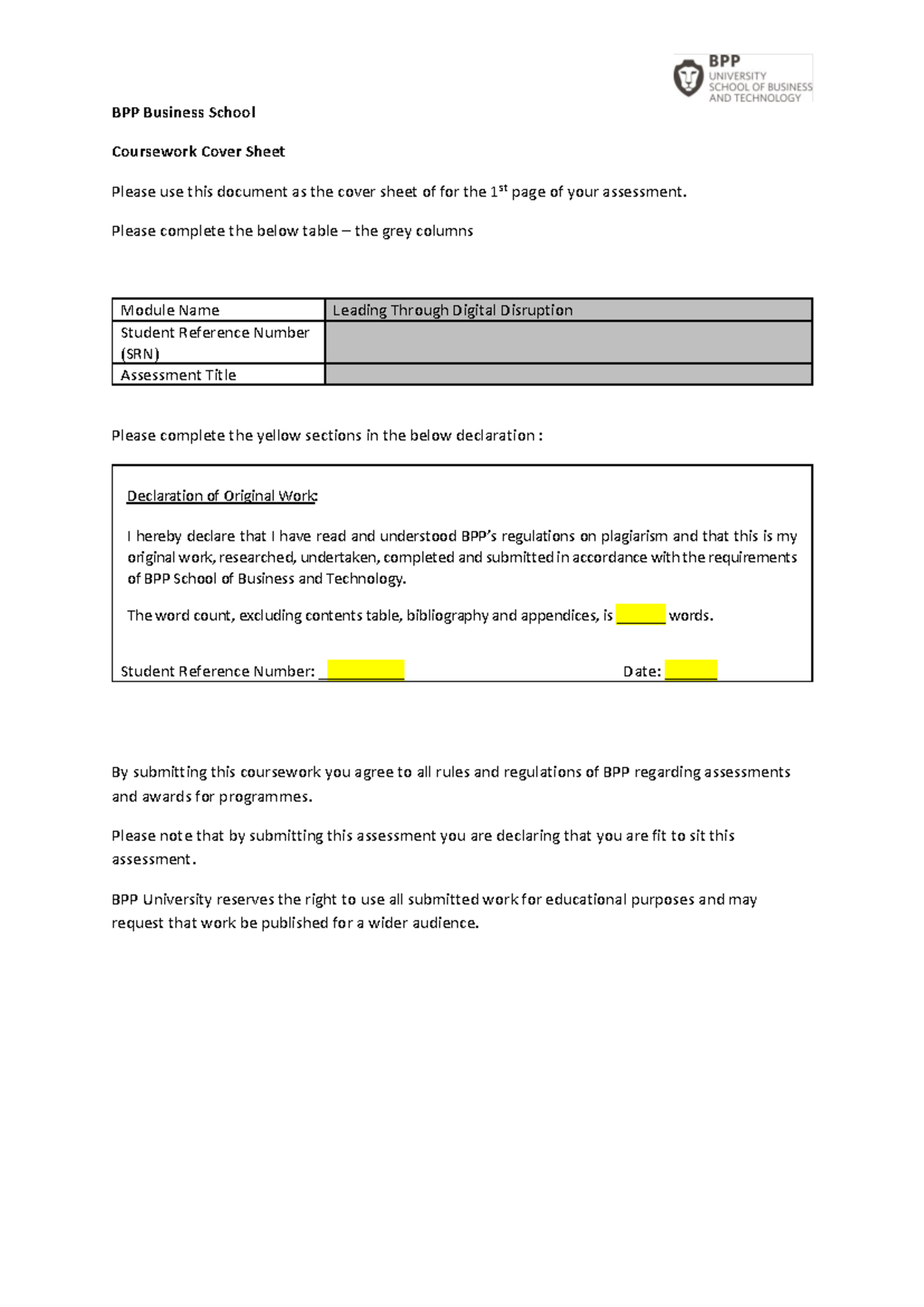 Summative Assessment Leading Through Digital Disruption CW2 - BPP Business School Coursework ...