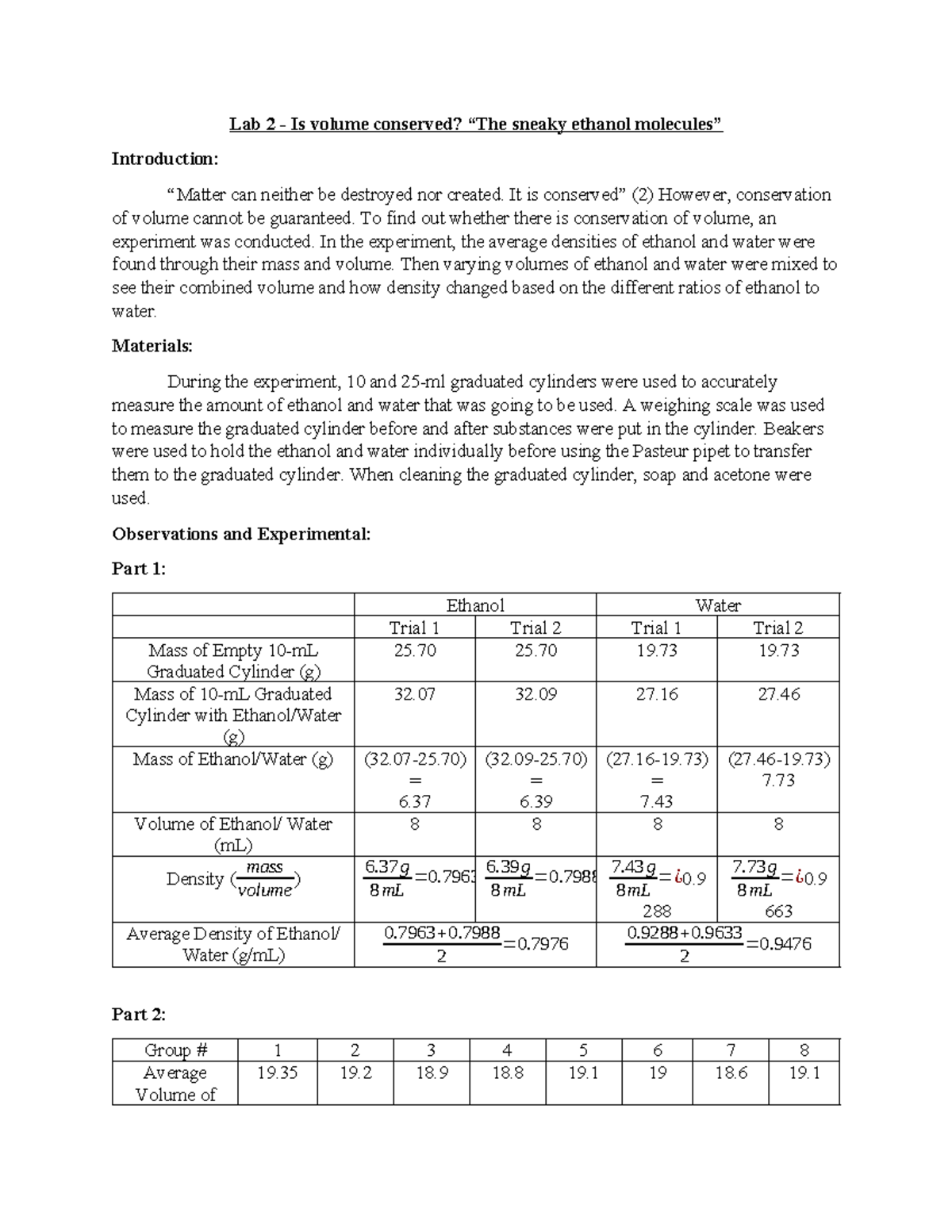 Lab 2 - Lab 2 Ethanol and Alcohol - Lab 2 - Is volume conserved? “The ...