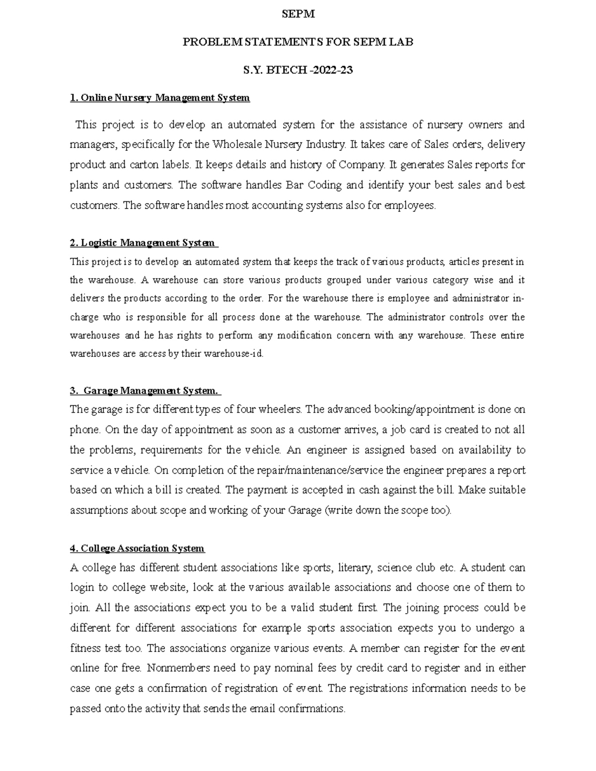 SEPM Problem Statements 22-23 - SEPM PROBLEM STATEMENTS FOR SEPM LAB S ...