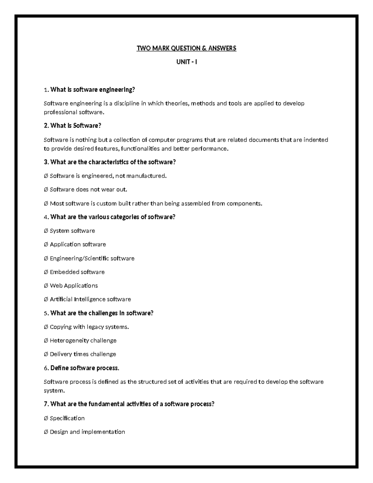 2 marks - easy - TWO MARK QUESTION & ANSWERS UNIT - I What is software ...