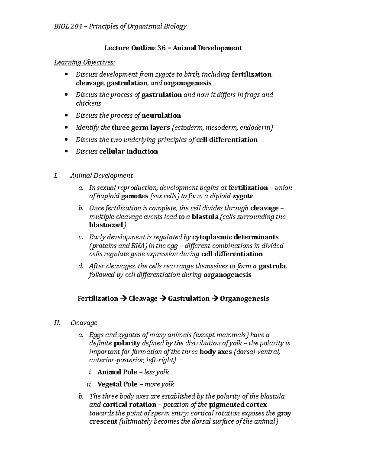 BIOL 204 Lecture 36 Outline - Animal Development - BIOL 204 ...