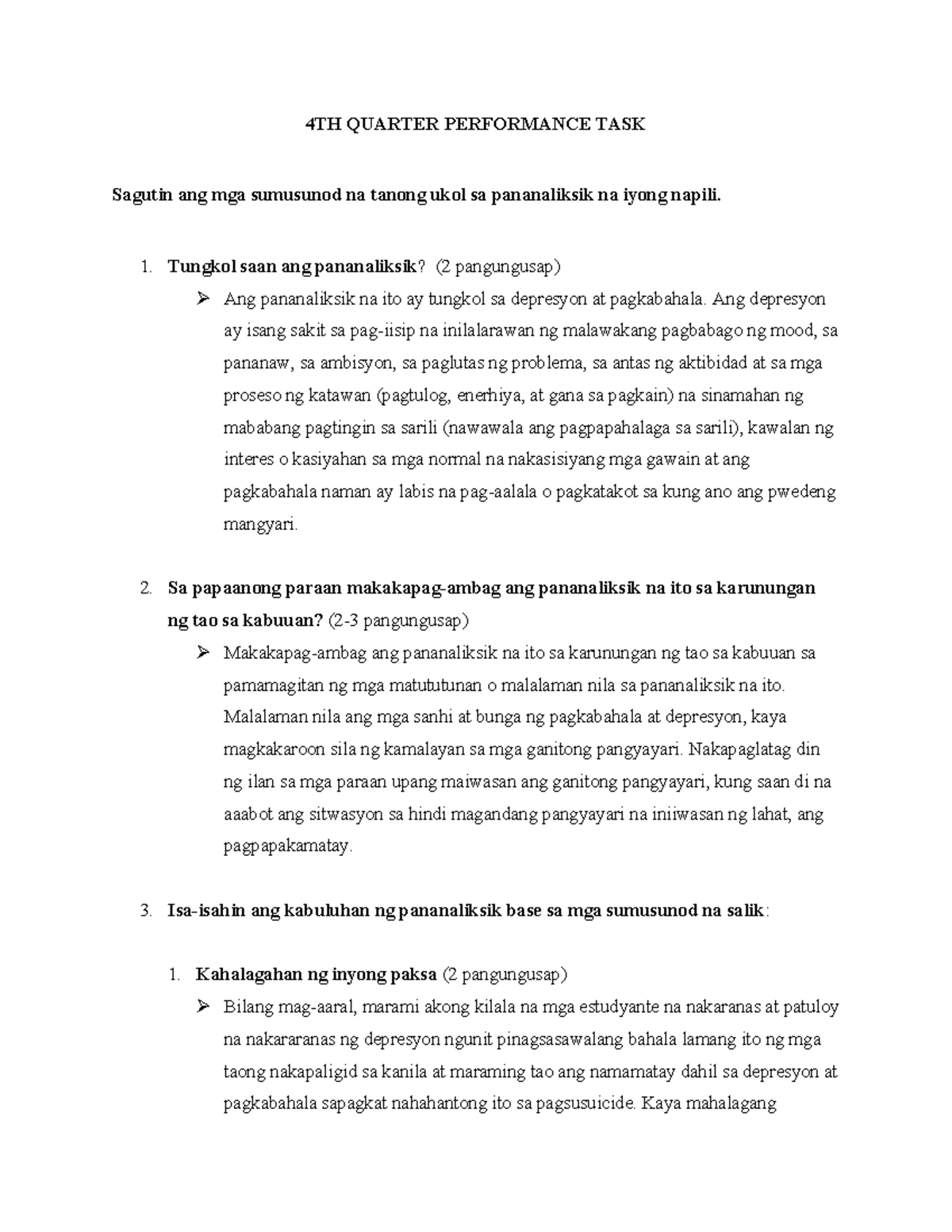 4TH Quarter Performance TASK - 4TH QUARTER PERFORMANCE TASK Sagutin ang ...