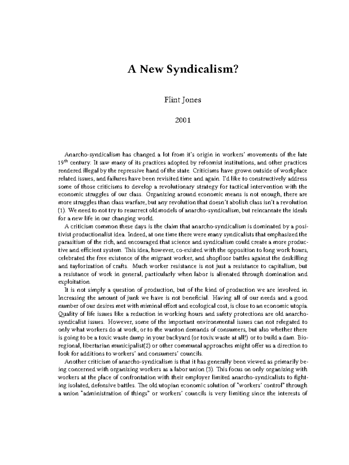 Flint jones a new syndicalism - A New Syndicalism? Flint Jones 2001 ...
