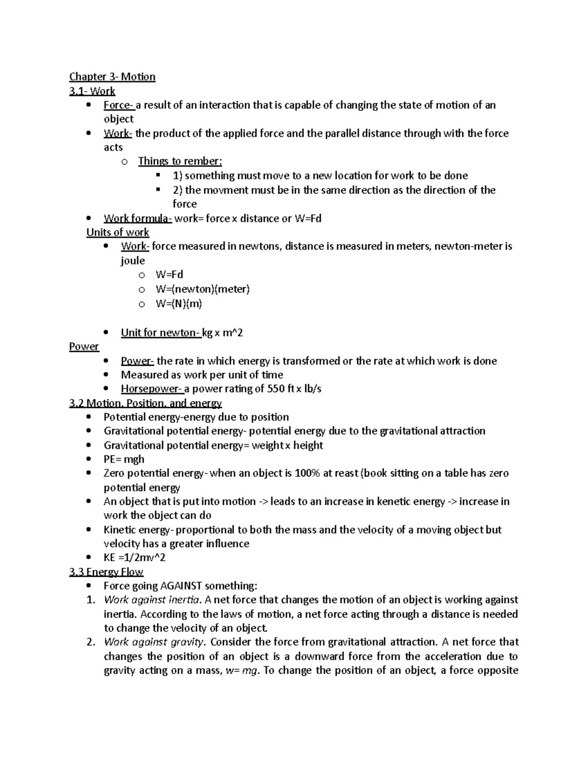 Chapter 3 Physical Science Notes Chapter 3 Motion 3 Work Force A