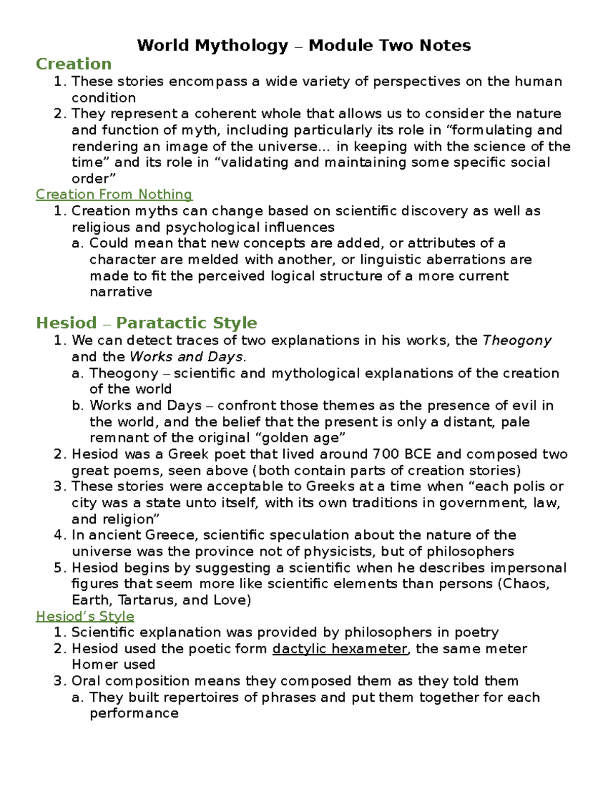Module Two Notes - World Mythology – Module Two Notes Creation These ...
