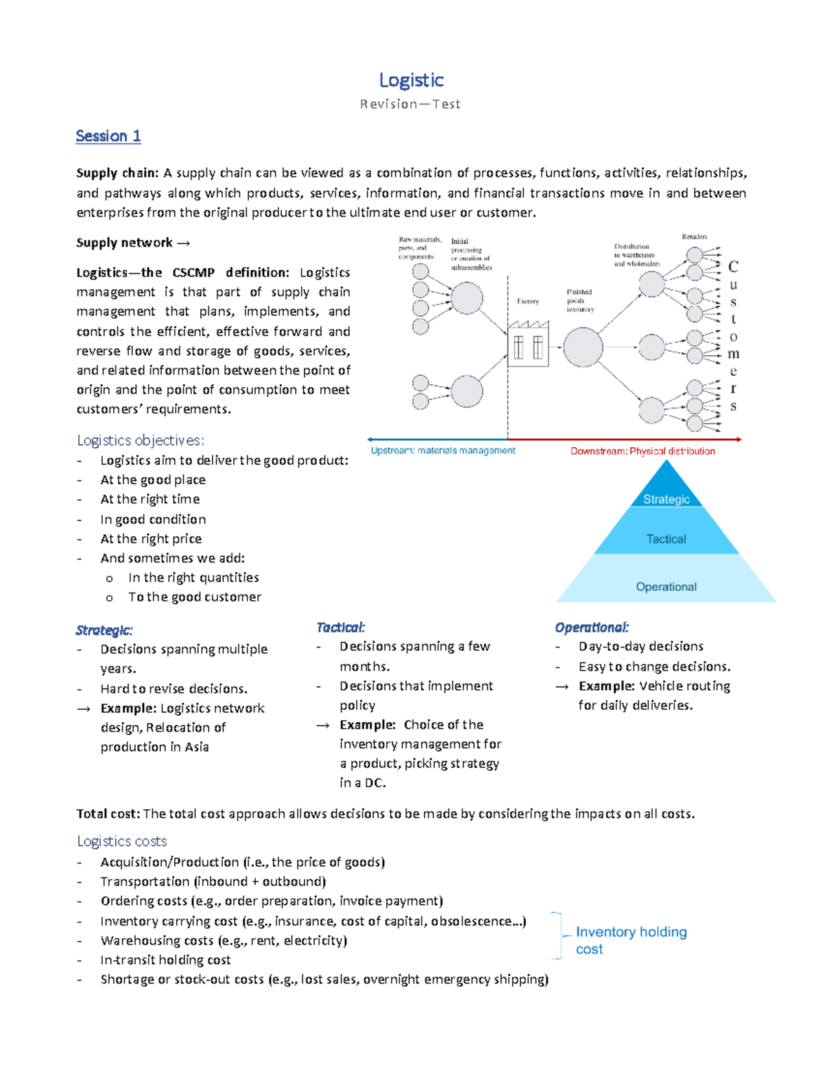 Logistic - Revision test - Logistic Revision—Test Session 1 Supply ...