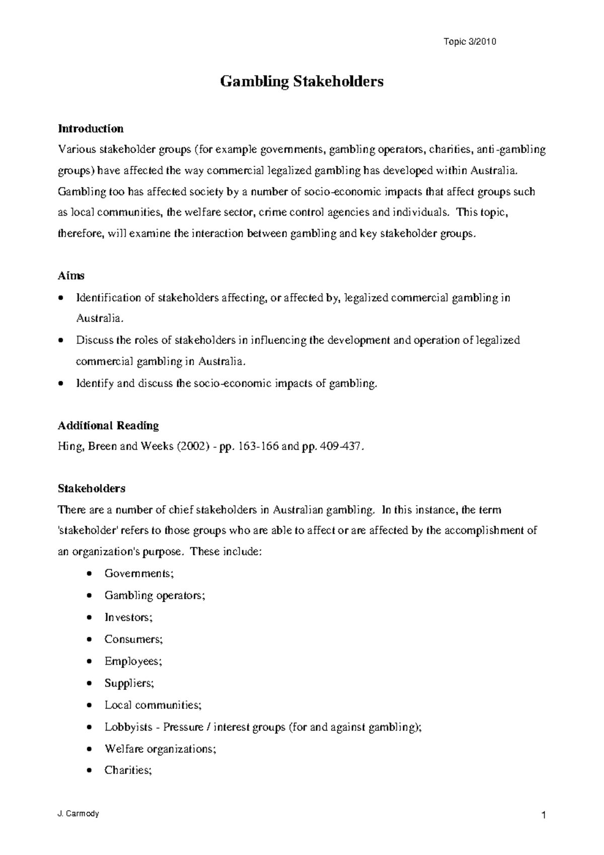 Reading stakeholders - reference - Gambling Stakeholders Introduction ...