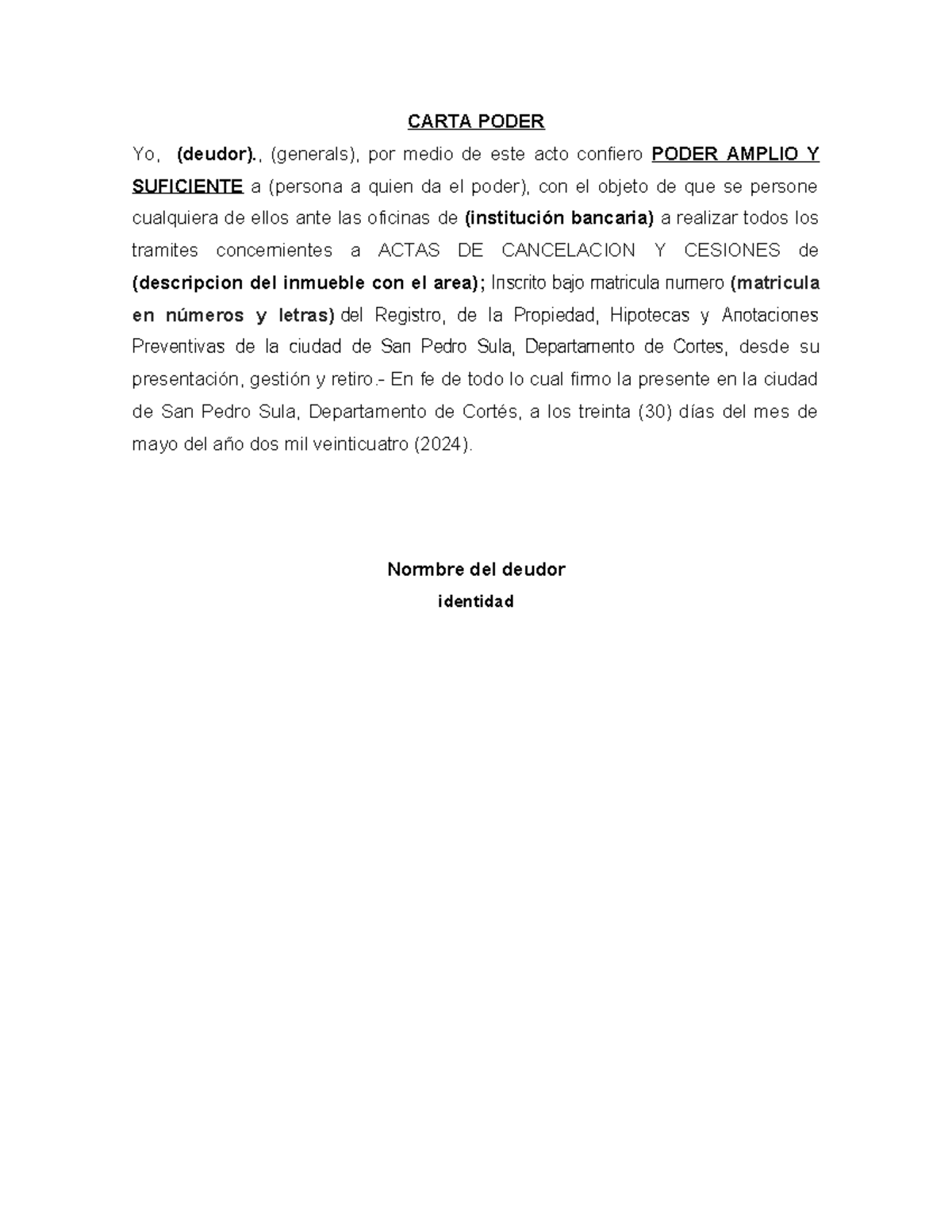 Carta Poder formato Liberacion - CARTA PODER Yo, (deudor)., (generals ...
