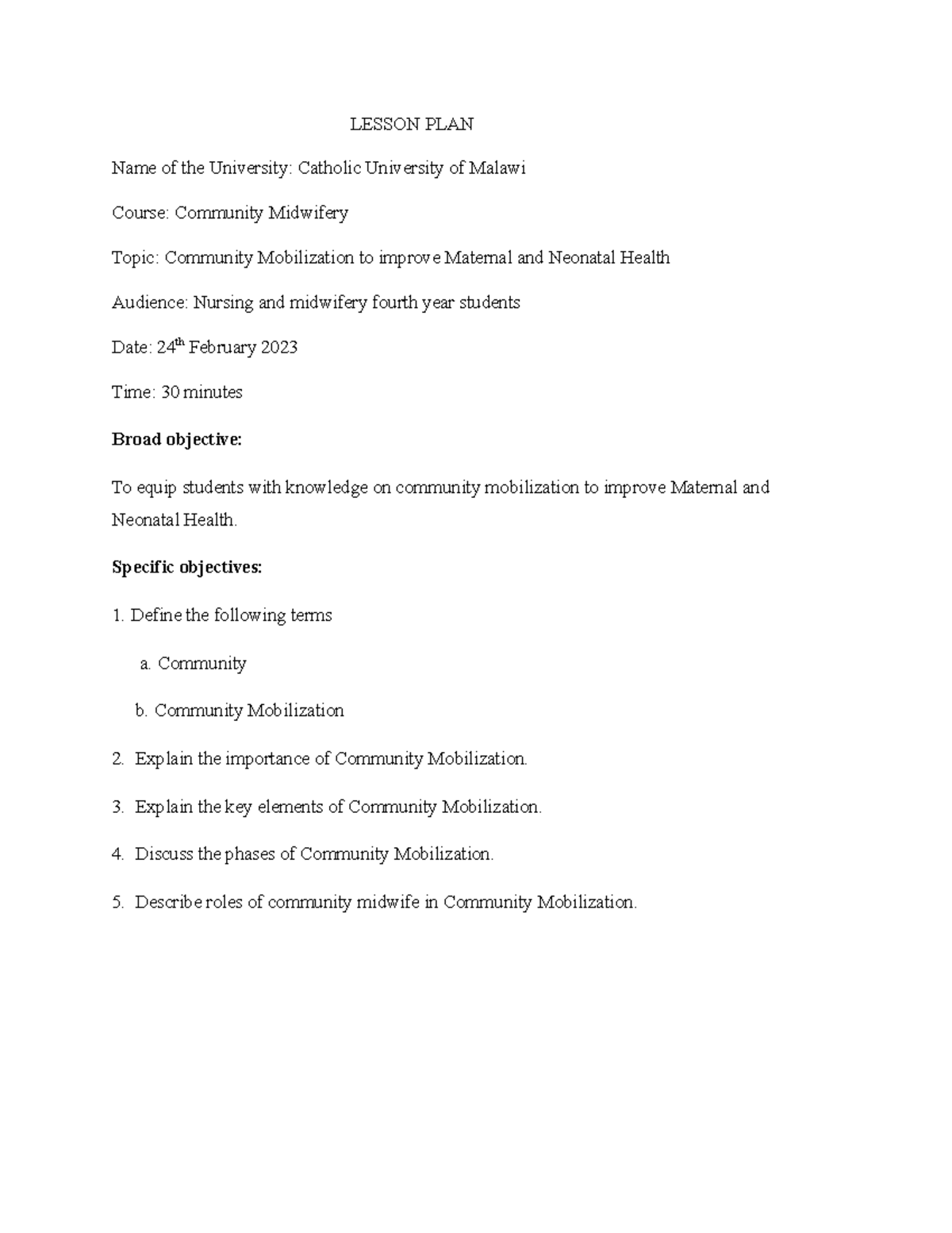 CM Lesson PLAN - Sample - LESSON PLAN Name of the University: Catholic ...