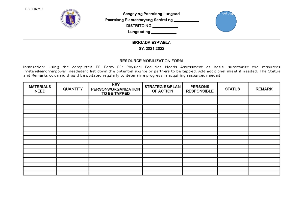 BS Form 3 Resource Mobilization - School Logo BE FORM 3 Sangay ng ...