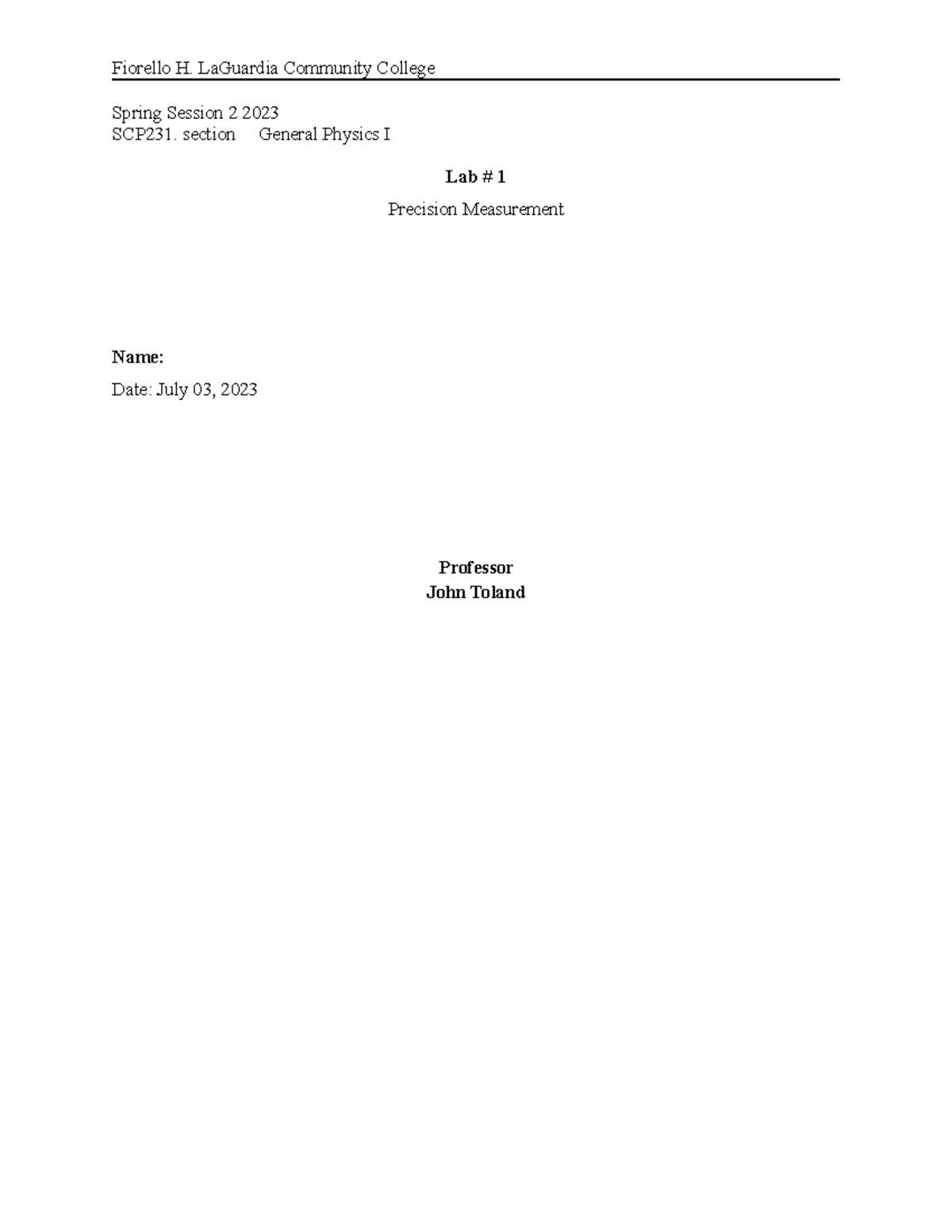 Lab # 1 Precision Measurement - Spring Session 2 2023 SCP231. section ...
