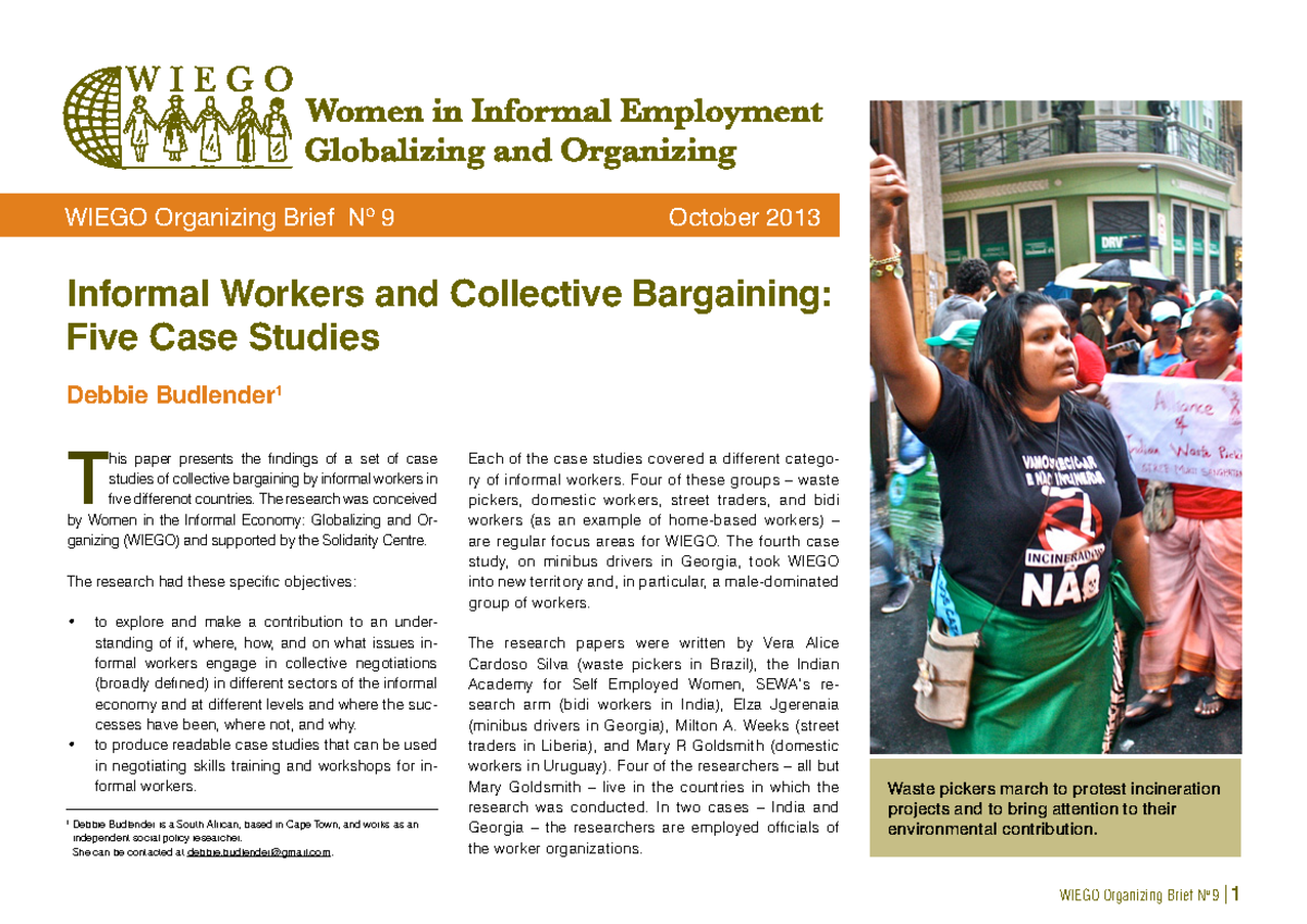 Budlender Informal Workers Collective Bargaining Wiego OB9 - ####### WIEGO Organizing Brief No 9 ...