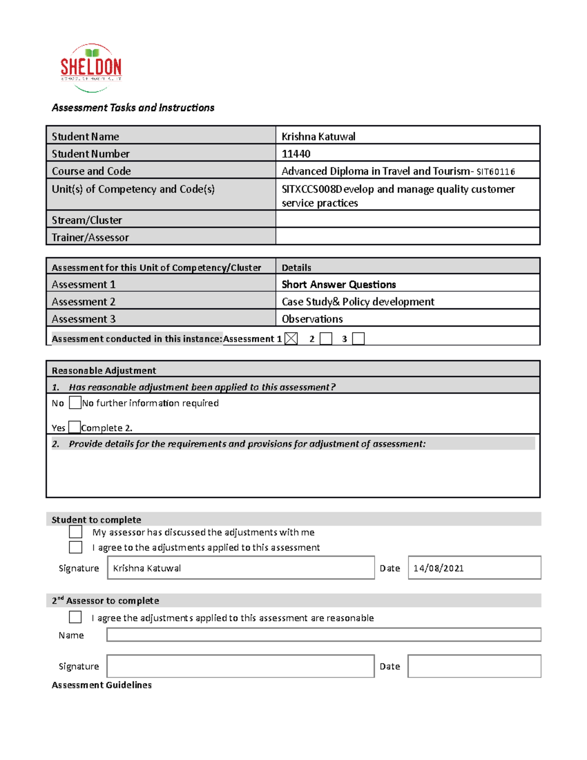 SITXCCS008 Assessment-3 observation - Assessment Tasks and Instructions Student Name Krishna ...