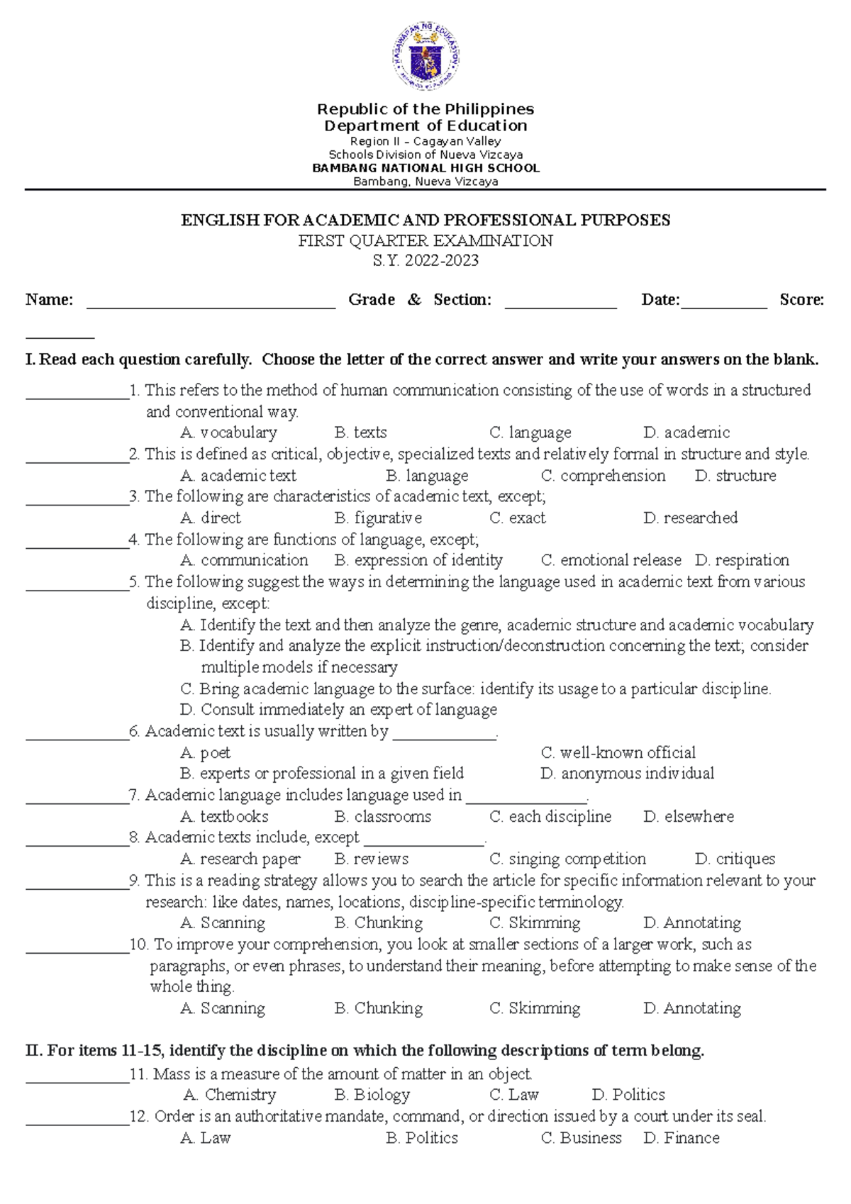 EAPP Q1 exam - English for Academic and Professional Purposes ...