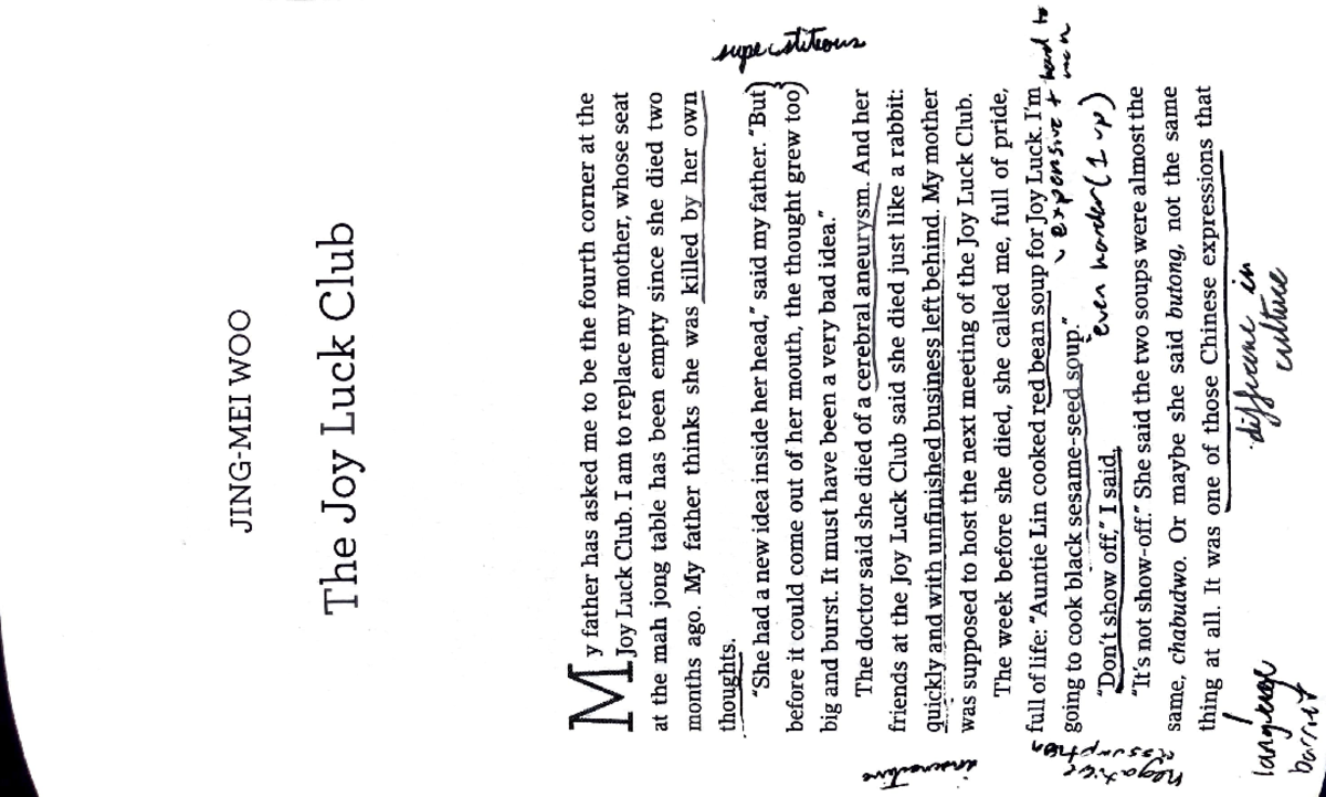 Joy Luck Club Annotations ch - ENG 390 - Studocu