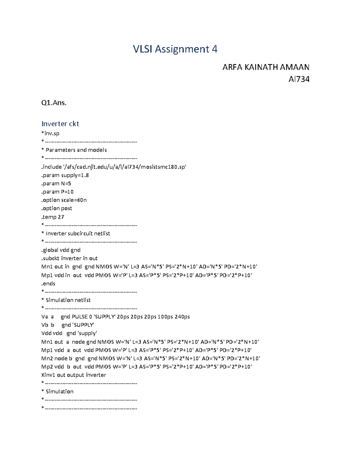 VLSI Assignment 4 - Inverter ckt *inv *- Parameters and models *- .include - Studocu
