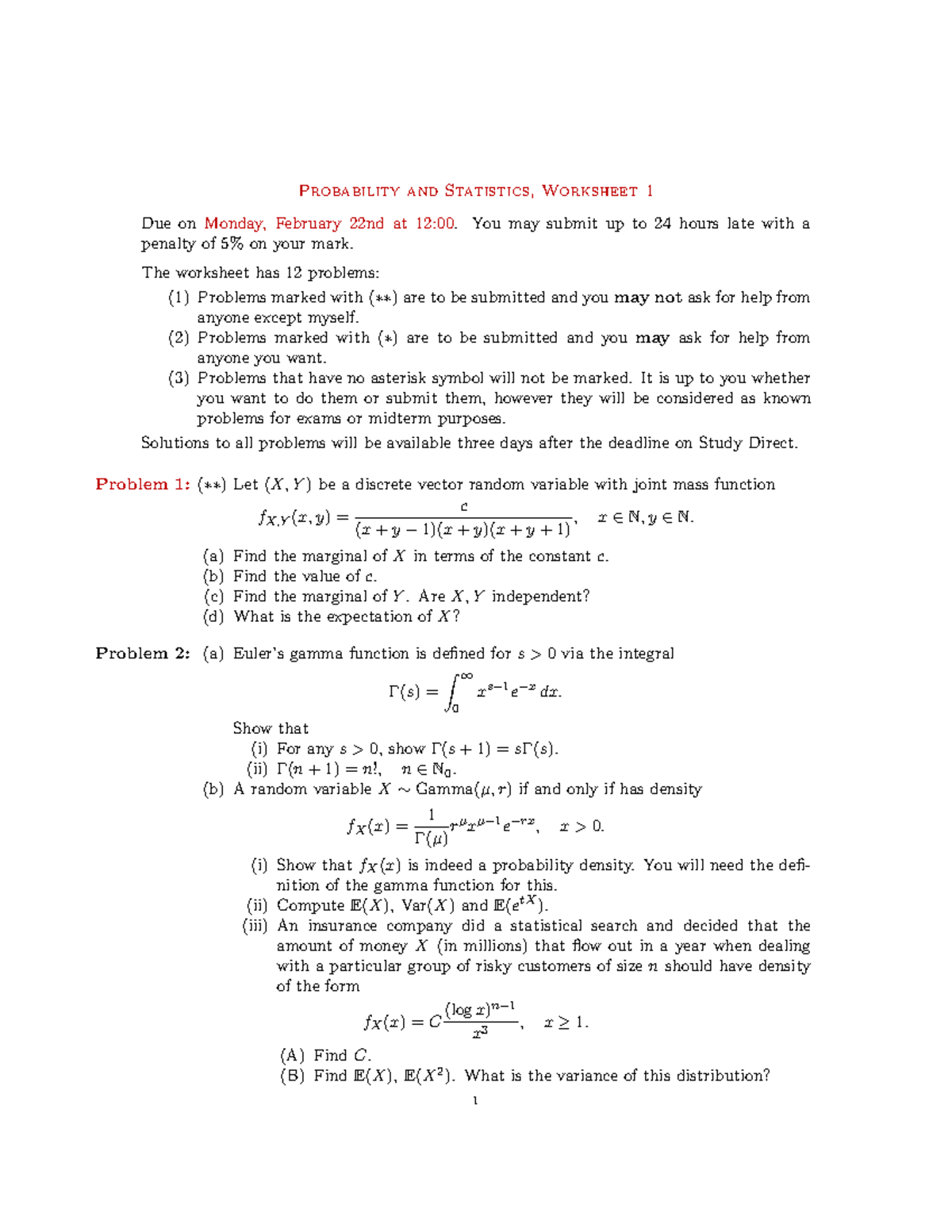 Probability and Statistics WS1 - Probability and Statistics, Worksheet 1 Due on Monday, February ...