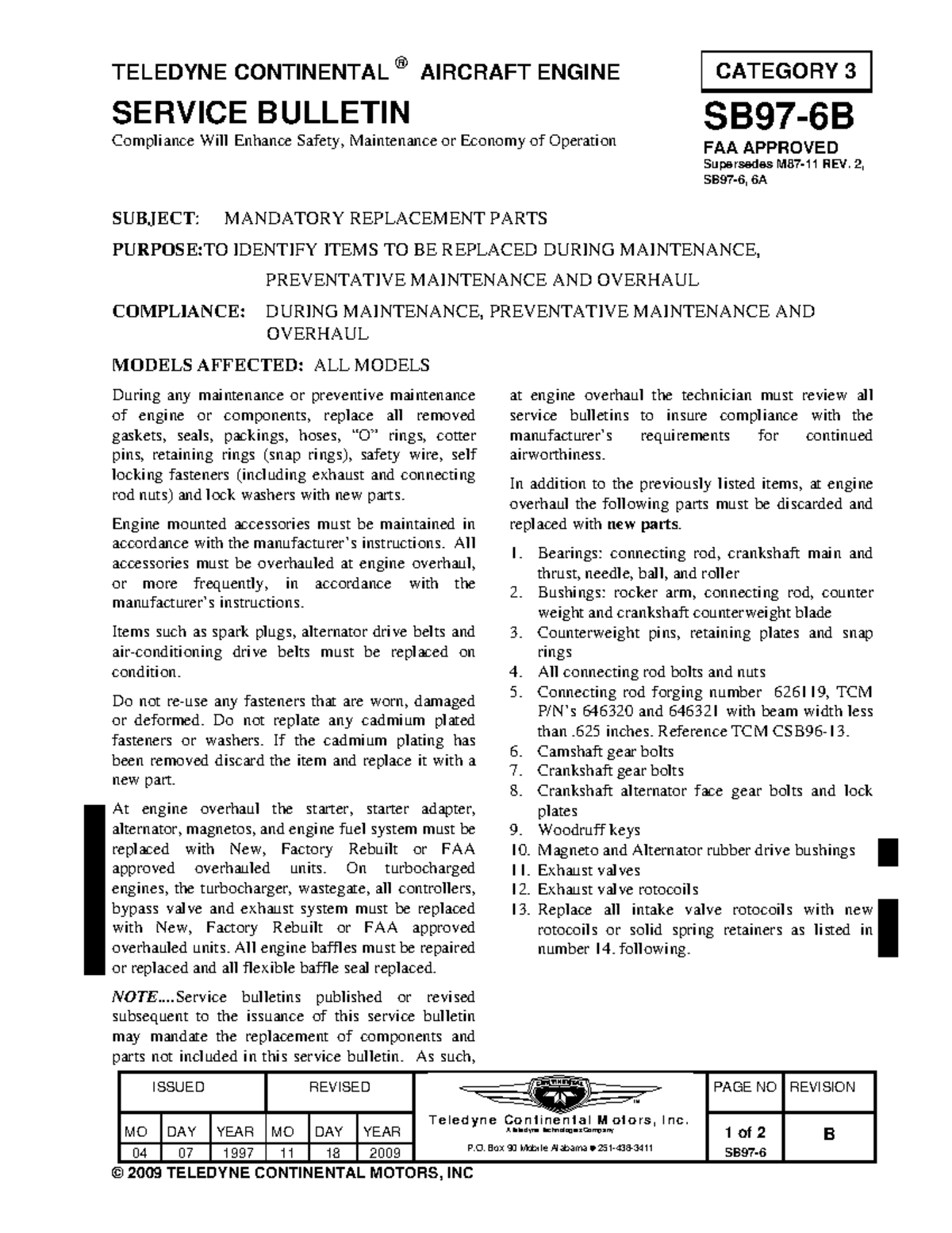 Continental SB97 6B Mandatory Replacement Parts - TELEDYNE CONTINENTAL ...