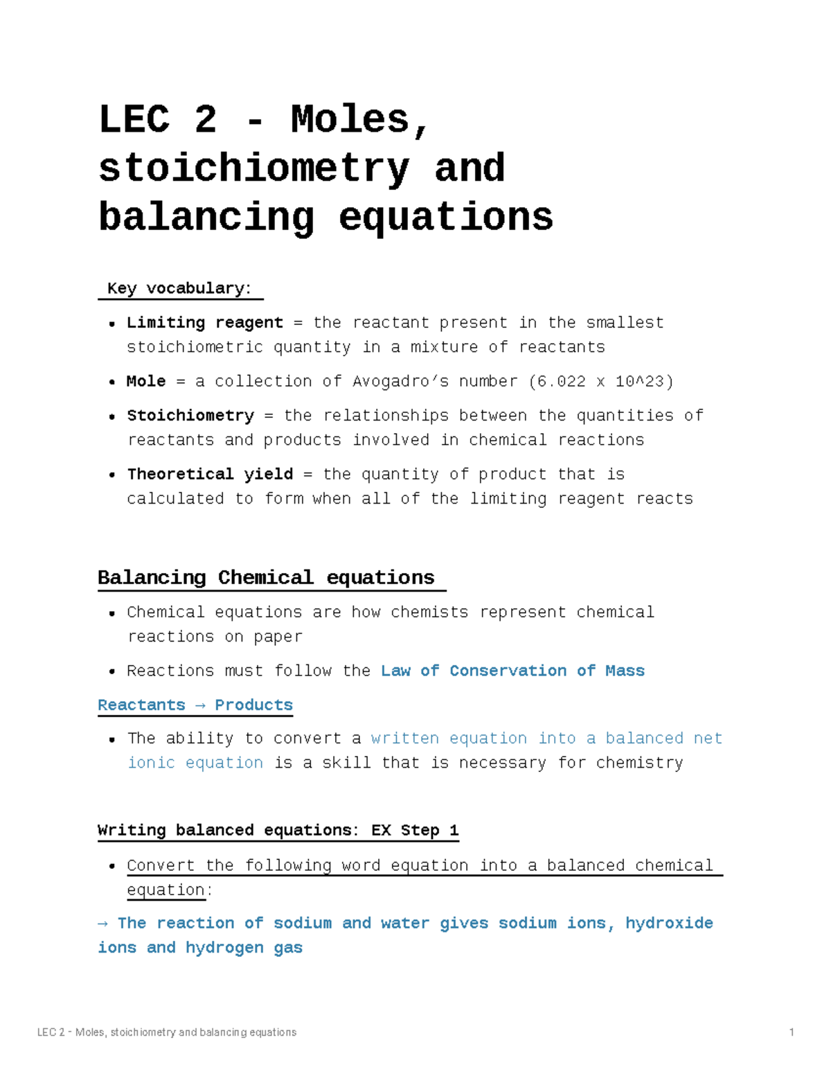 LEC 2 - Moles stoichiometry and balancing equations - LEC 2 - Moles ...