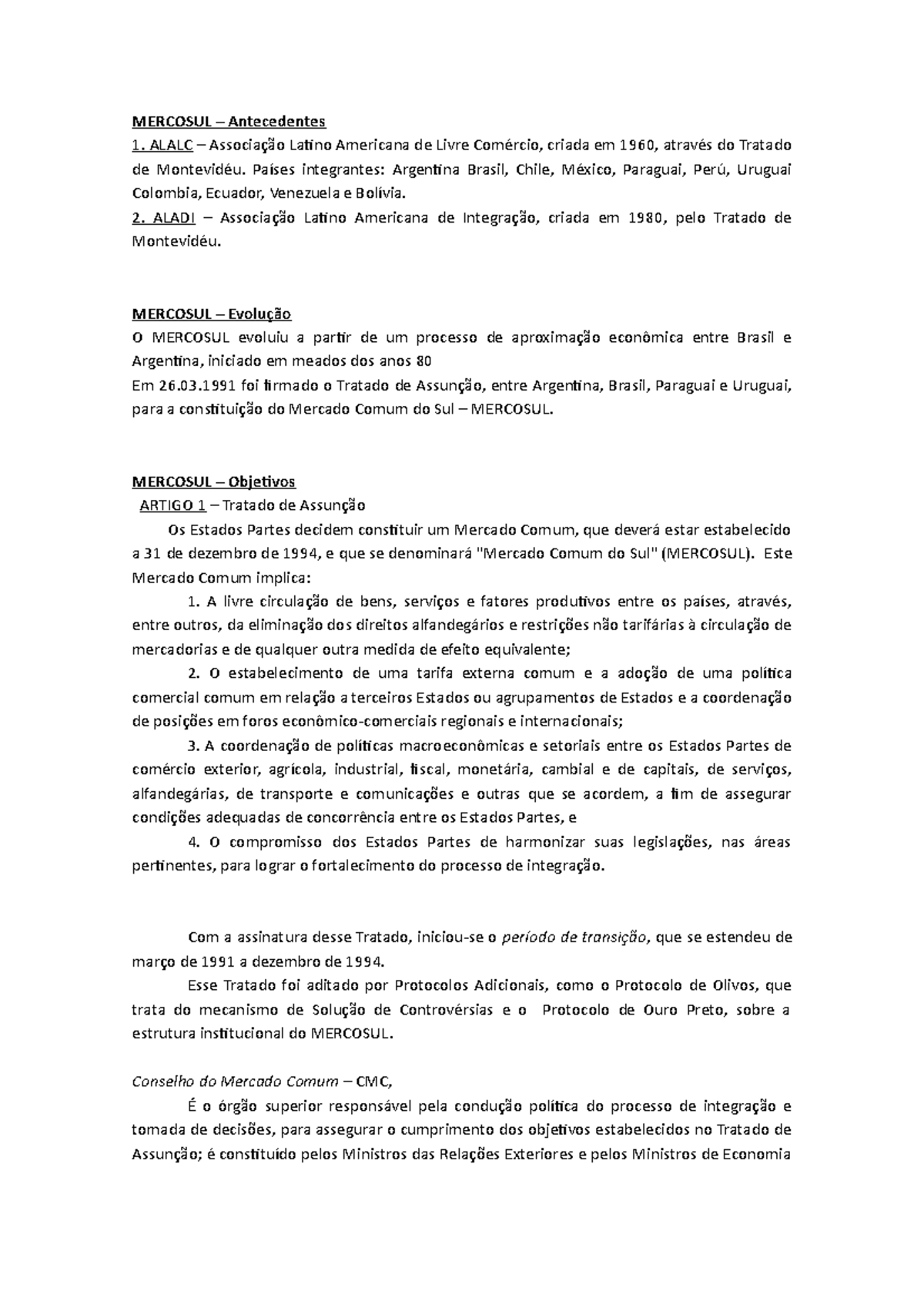 Resumo material Mercosul - MERCOSUL – Antecedentes ALALC – Associação ...