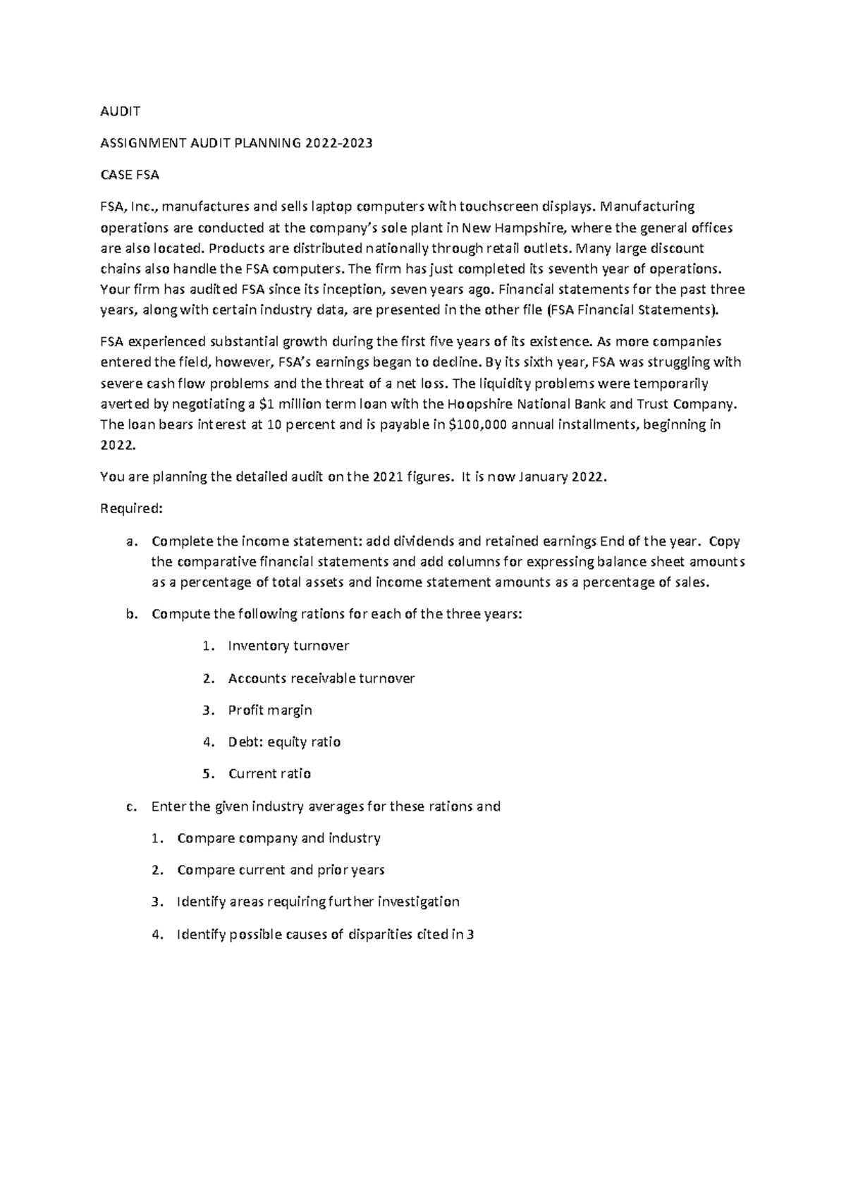 FSA Audit Planning case 2022 - AUDIT ASSIGNMENT AUDIT PLANNING 2022 ...