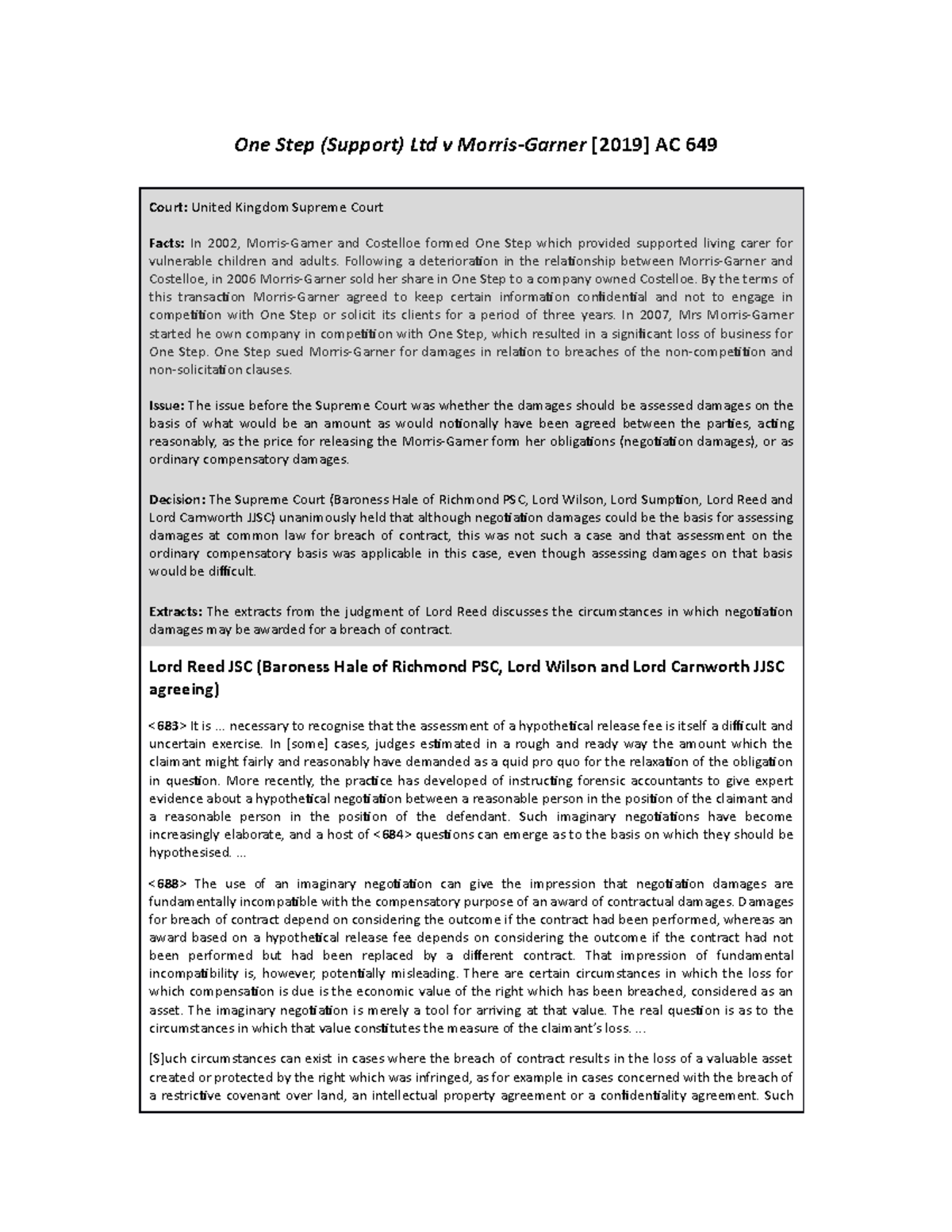 One Step (Support Ltd v Morris-Garner (Negotiation damages) - One Step ...