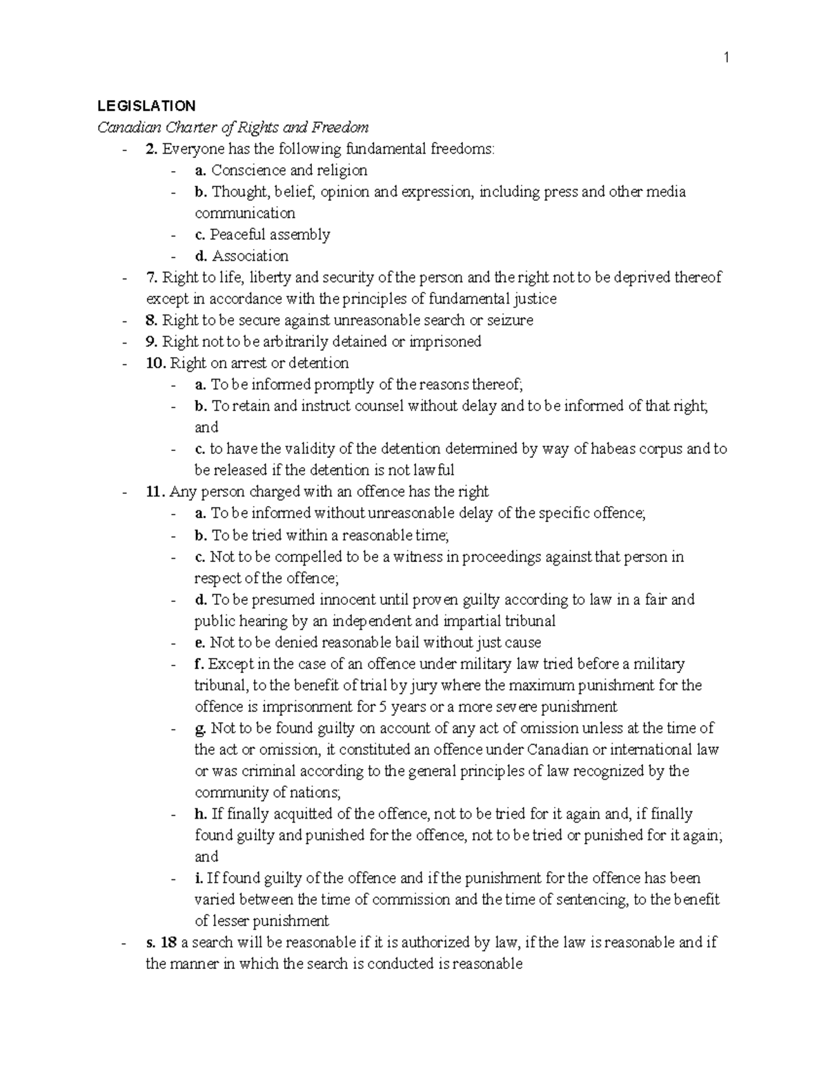 Crim Law Exam Notes - LEGISLATION Canadian Charter of Rights and ...