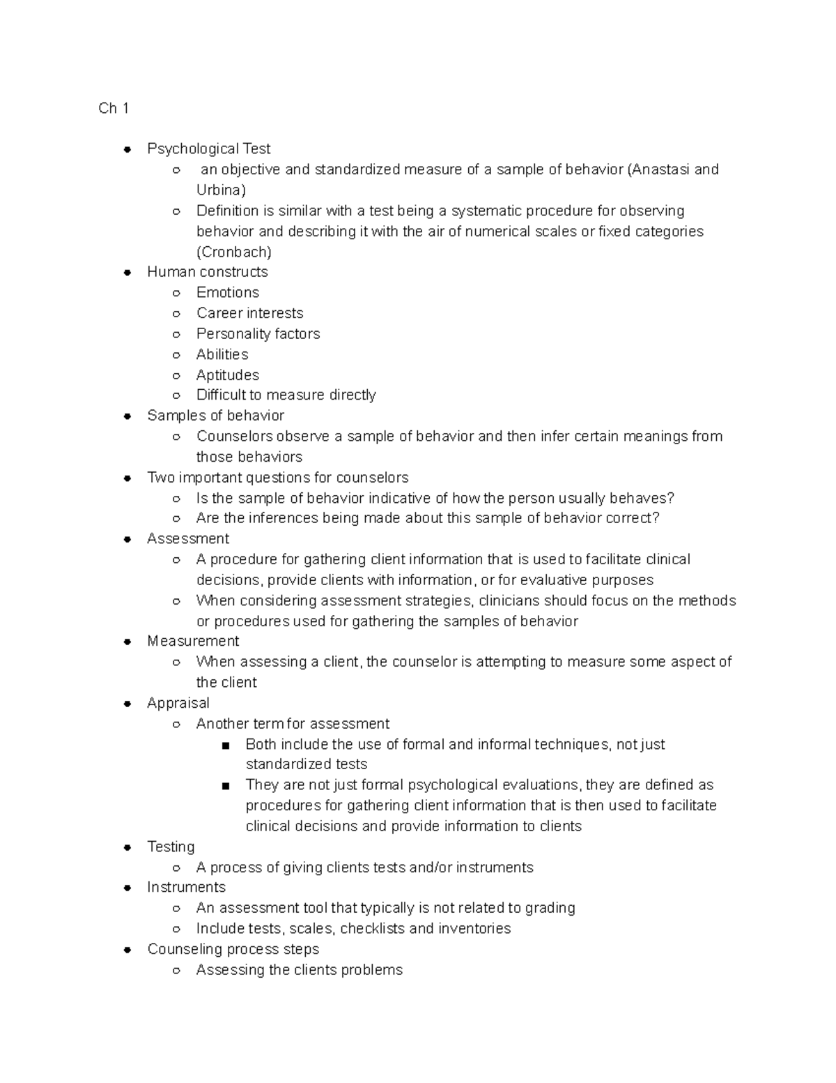 Exam 1 review sheet - Ch 1 Psychological Test an objective and ...