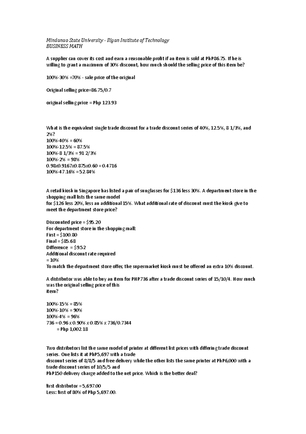 Business MATH Practice 2 - Business Entrepreneurship - MSU-IIT - Studocu