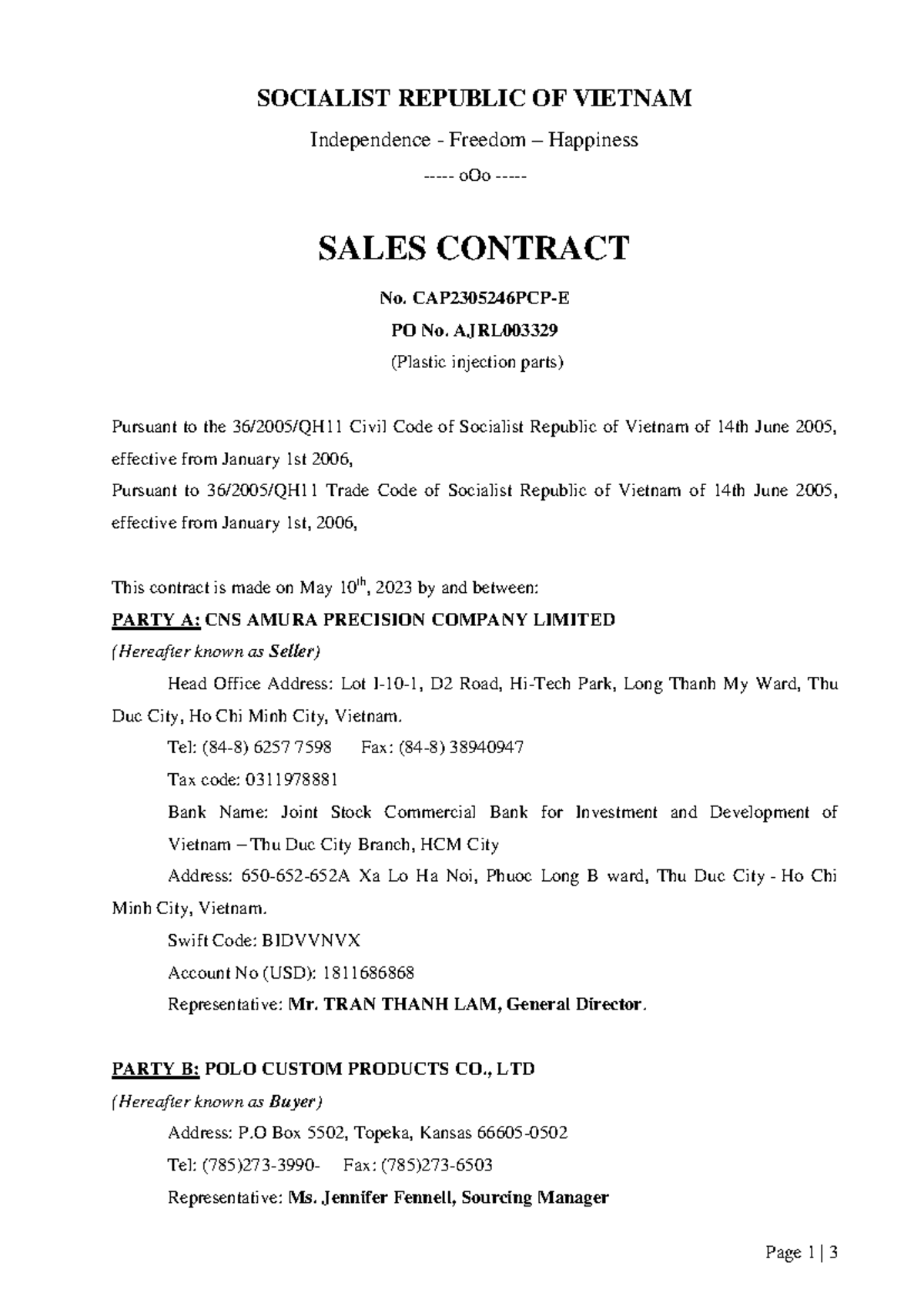 Contract no. CAP2305246 PCP-E 1 - Page 1 | 3 SOCIALIST REPUBLIC OF ...