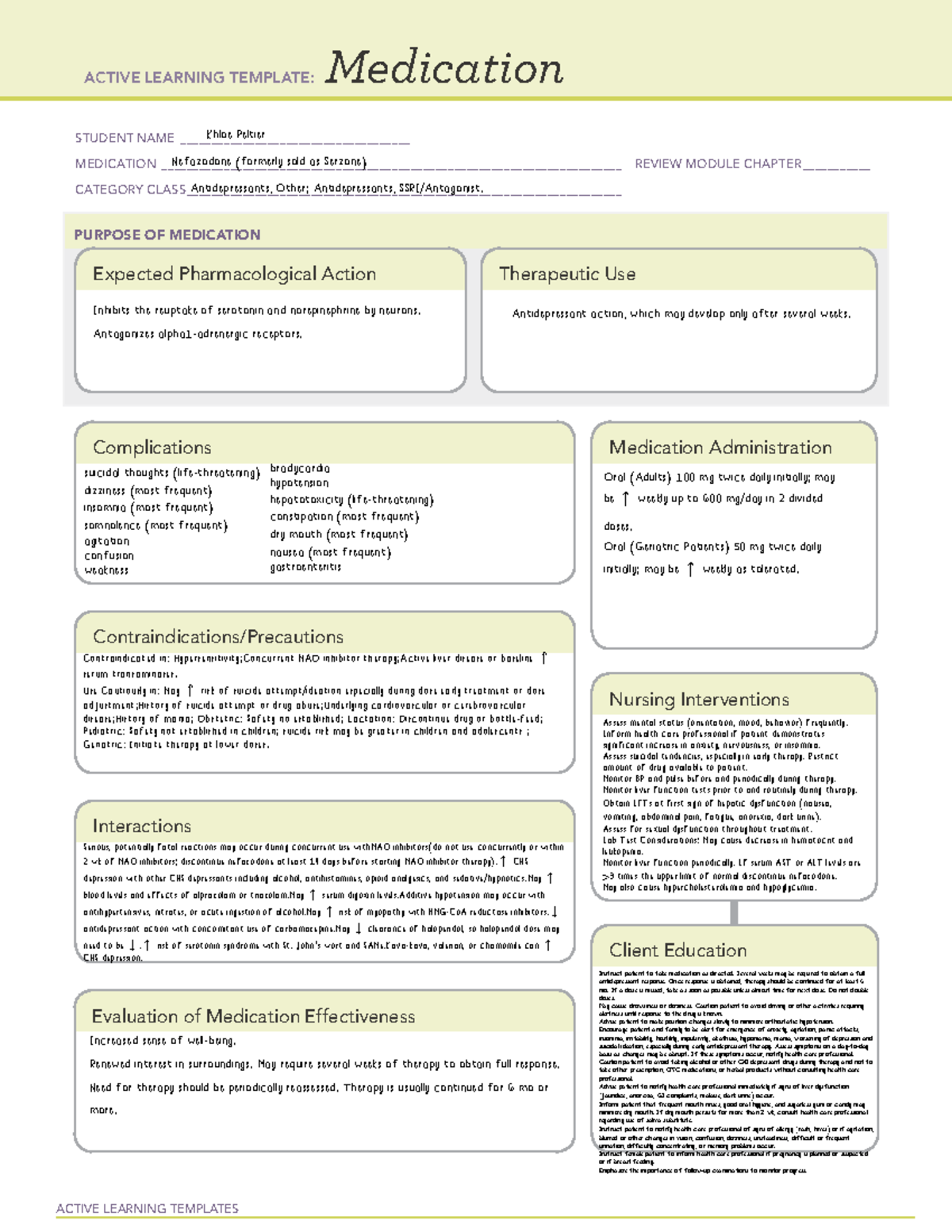Nefazodone - Medication Card - ACTIVE LEARNING TEMPLATES Medication ...
