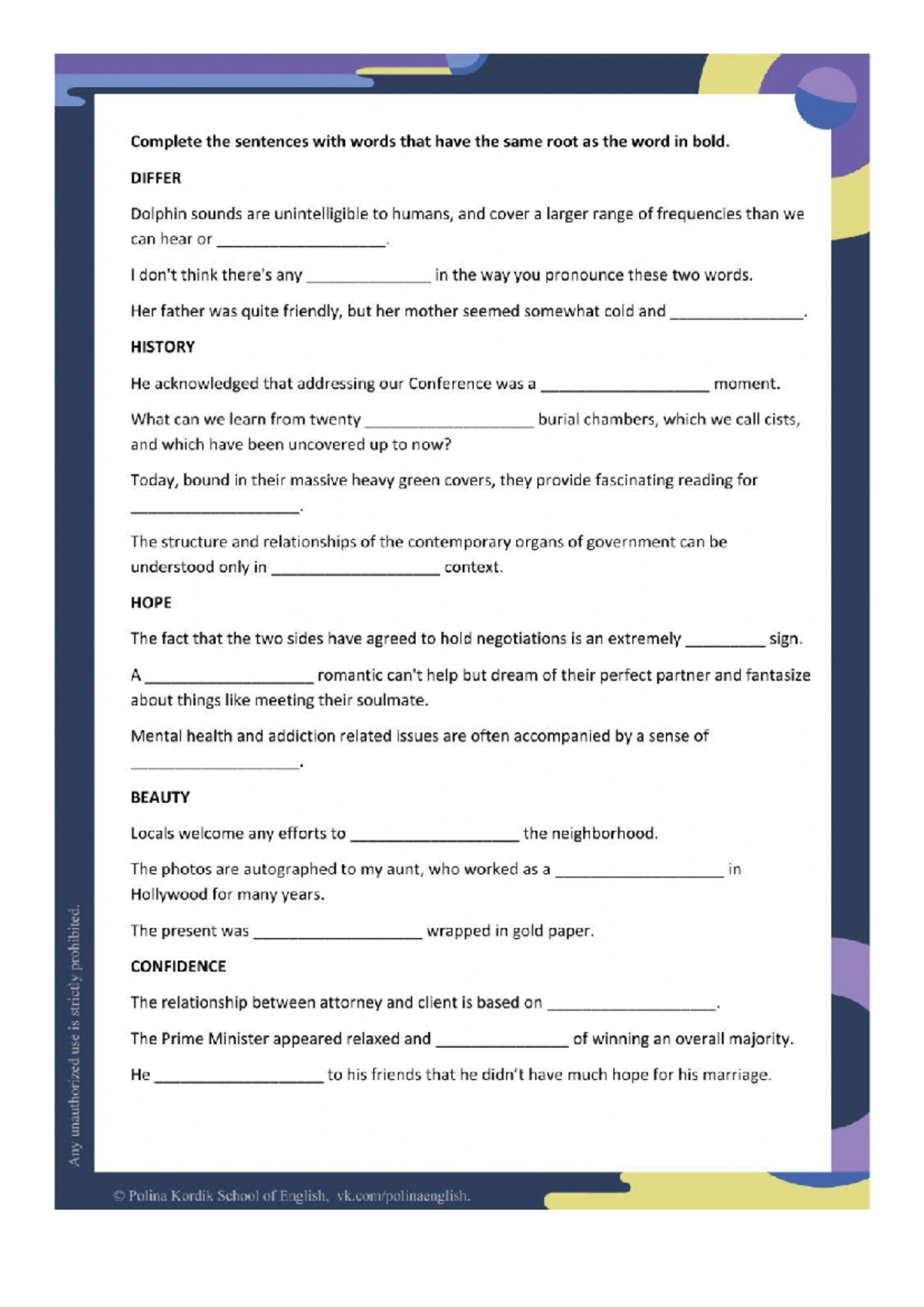 CPE Word Formation - Complete the sentences with words that have the ...