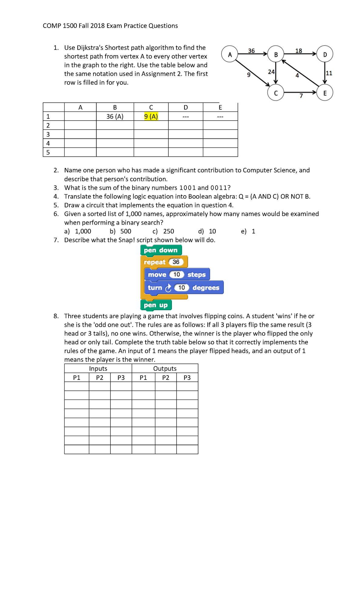 Practice final exam - COMP 1500 Fall 2018 Exam Practice Questions 1 ...