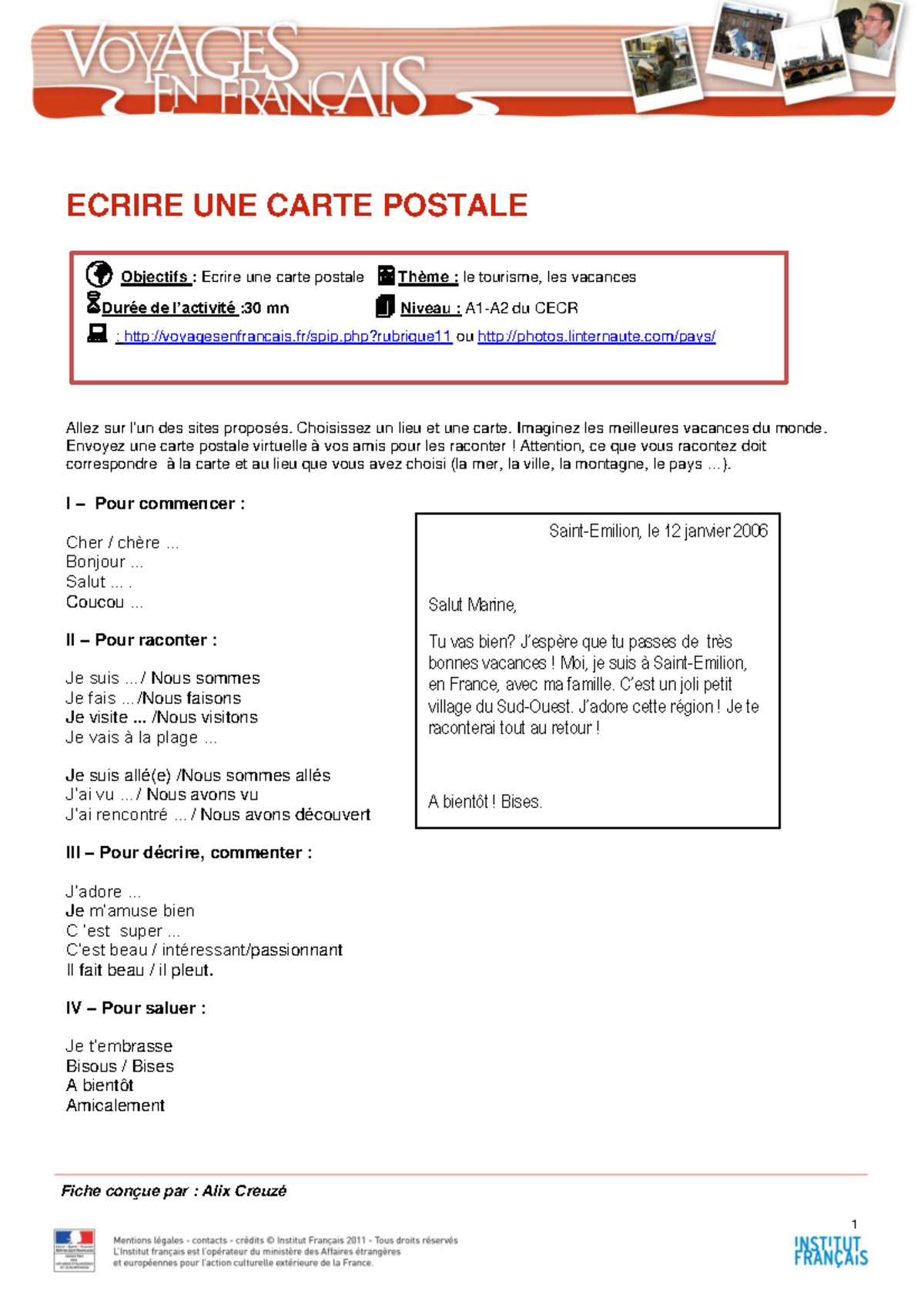 2. a1 voyages en francais ecrire une carte postale-2 - 1 Fiche conçue ...