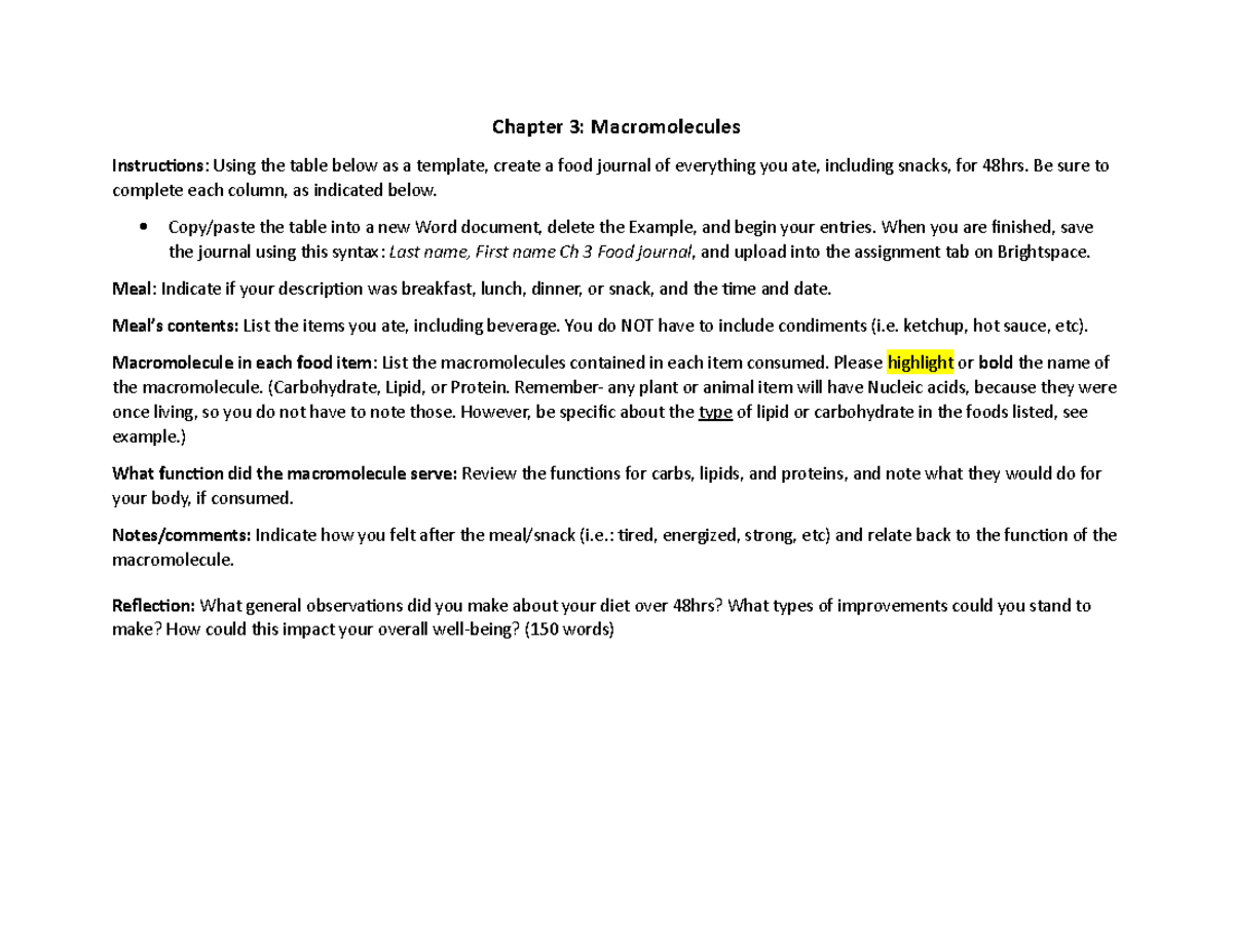 Ch 3 Food journal - Chapter 3: Macromolecules Instructions: Using the ...