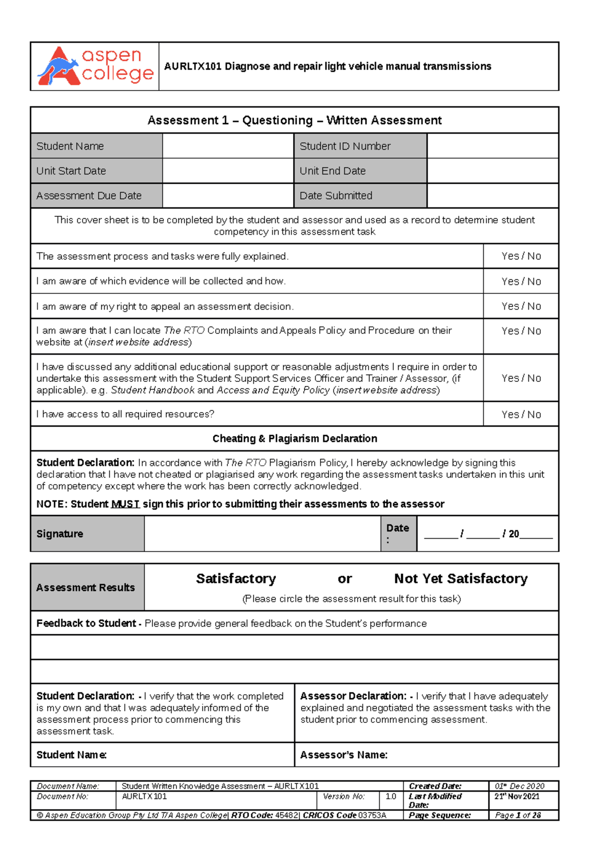 Aurltx 101 - refreg - Assessment 1 – Questioning – Written Assessment ...