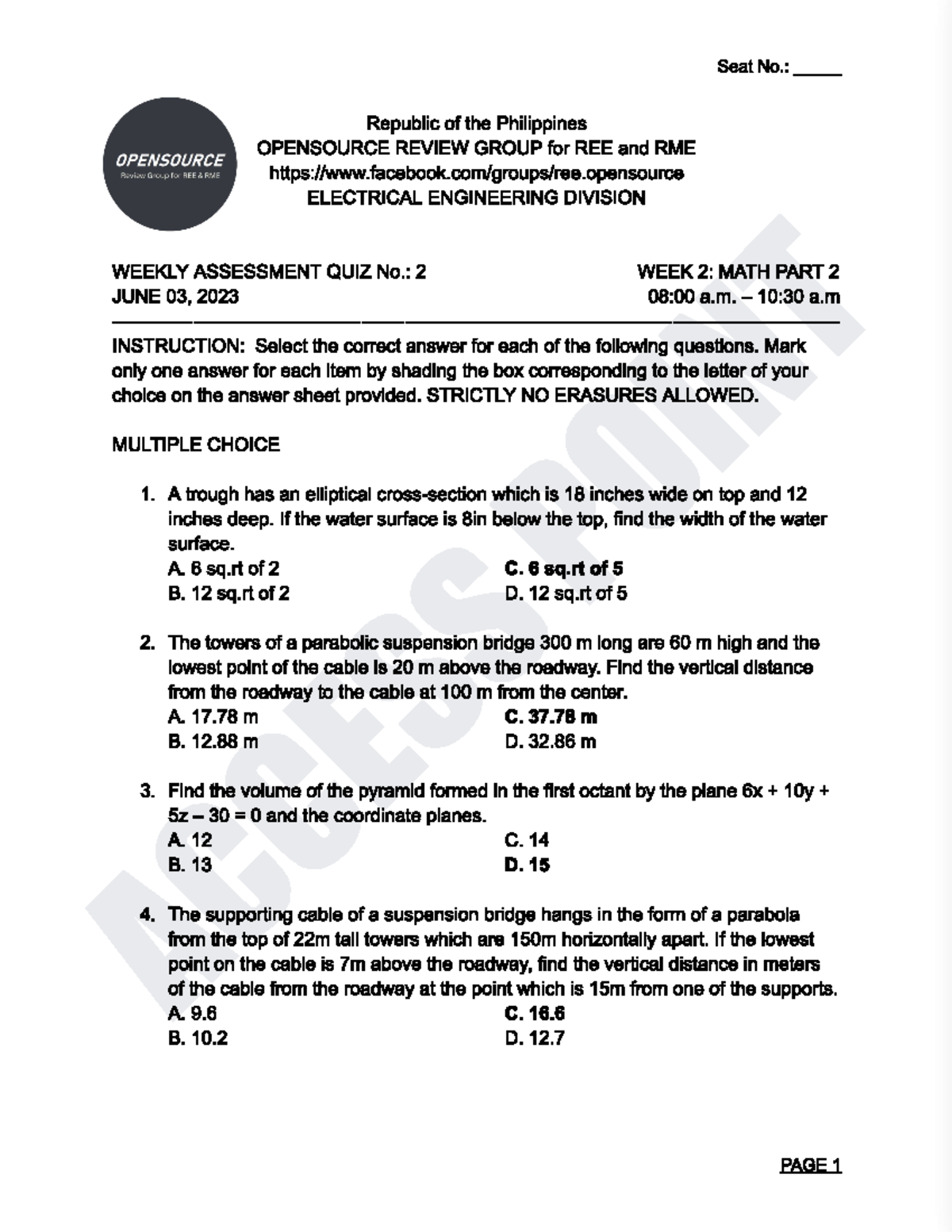 Weekly QUIZ 2 (Keys) - ACCESS POINT REVIEW CENTER - Seat No.: Republic ...