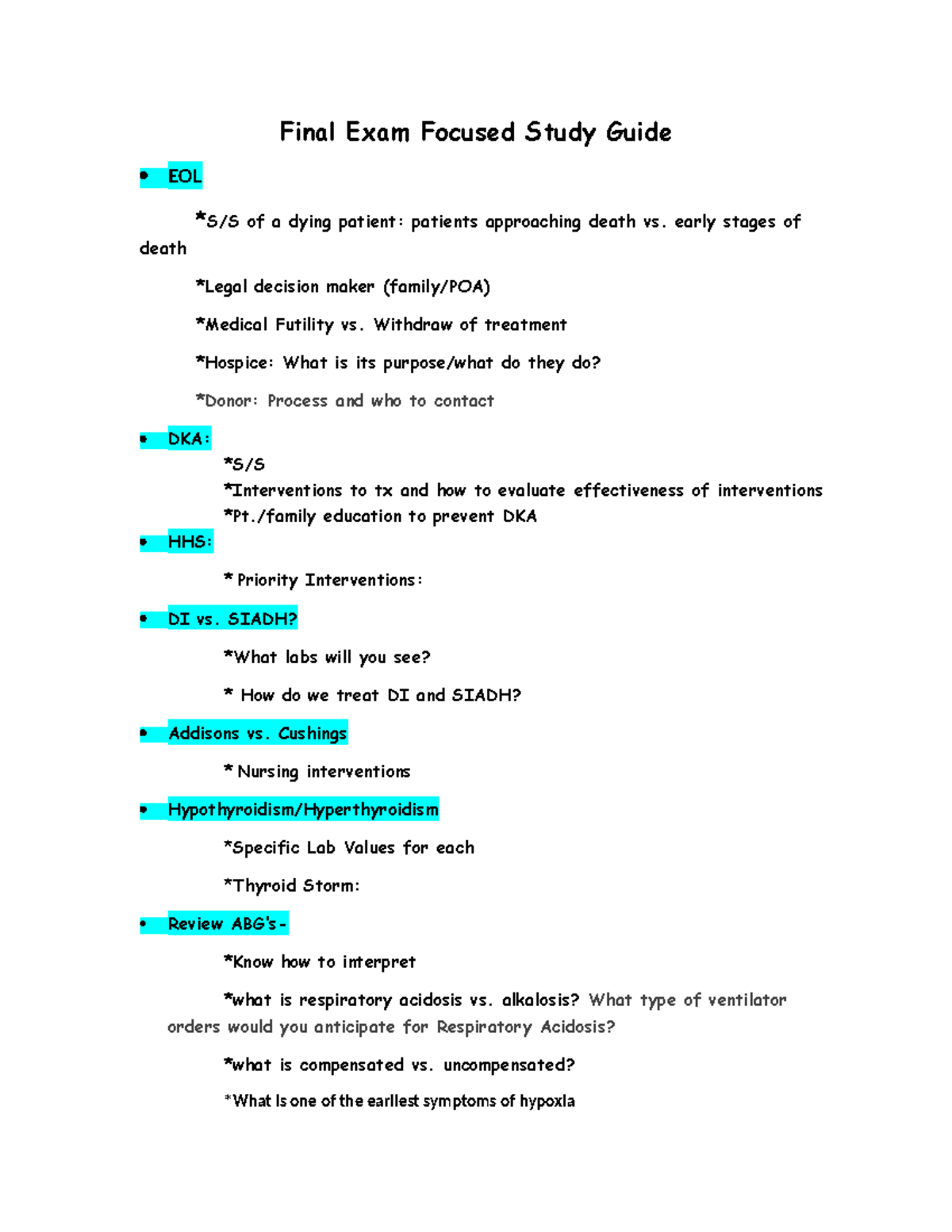 Final Exam Focused Study Guide - early stages of death *Legal decision ...