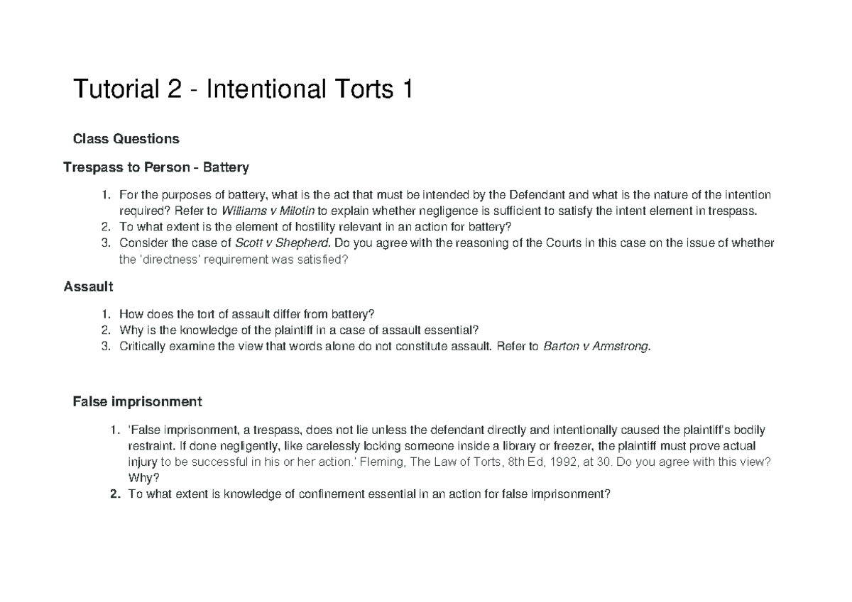 Tutorial 2 - Tutorial 2 - Intentional Torts 1 Class Questions Trespass to Person - Battery 1 ...